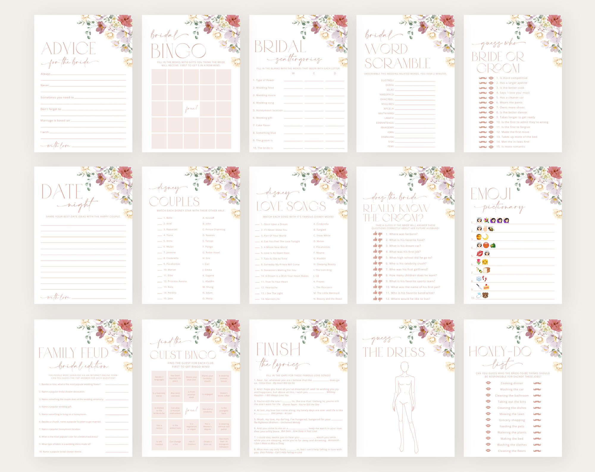 Colorful Flowers Bridal Shower Games Bundle - Set of 30 Games