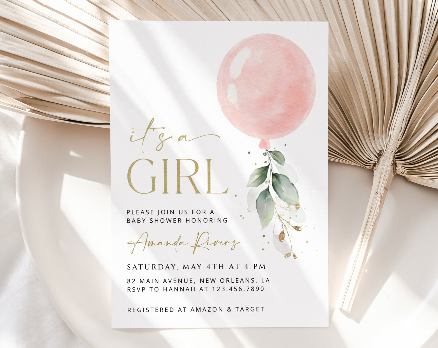 Pink Balloon Baby Shower Invitation - Baby Shower Stationery