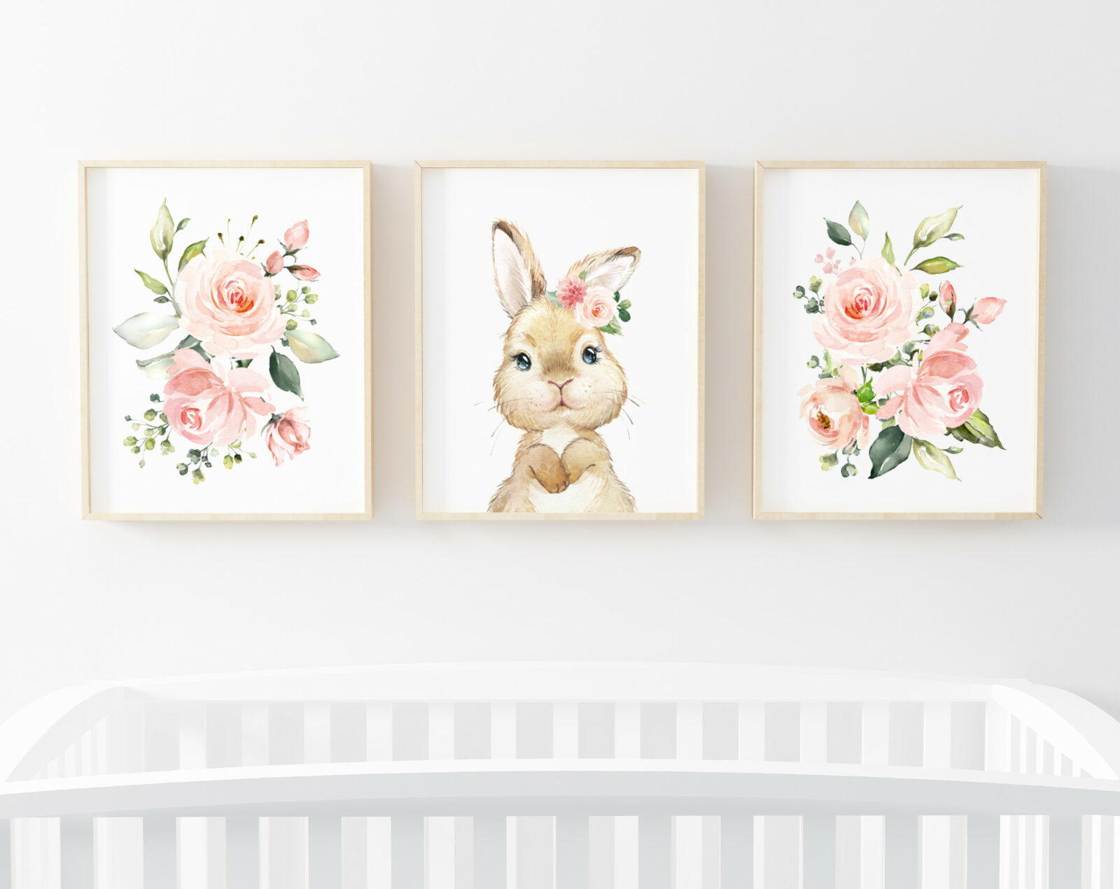 Cute Bunny Pink Flowers Nursery Wall Art - Set of 3