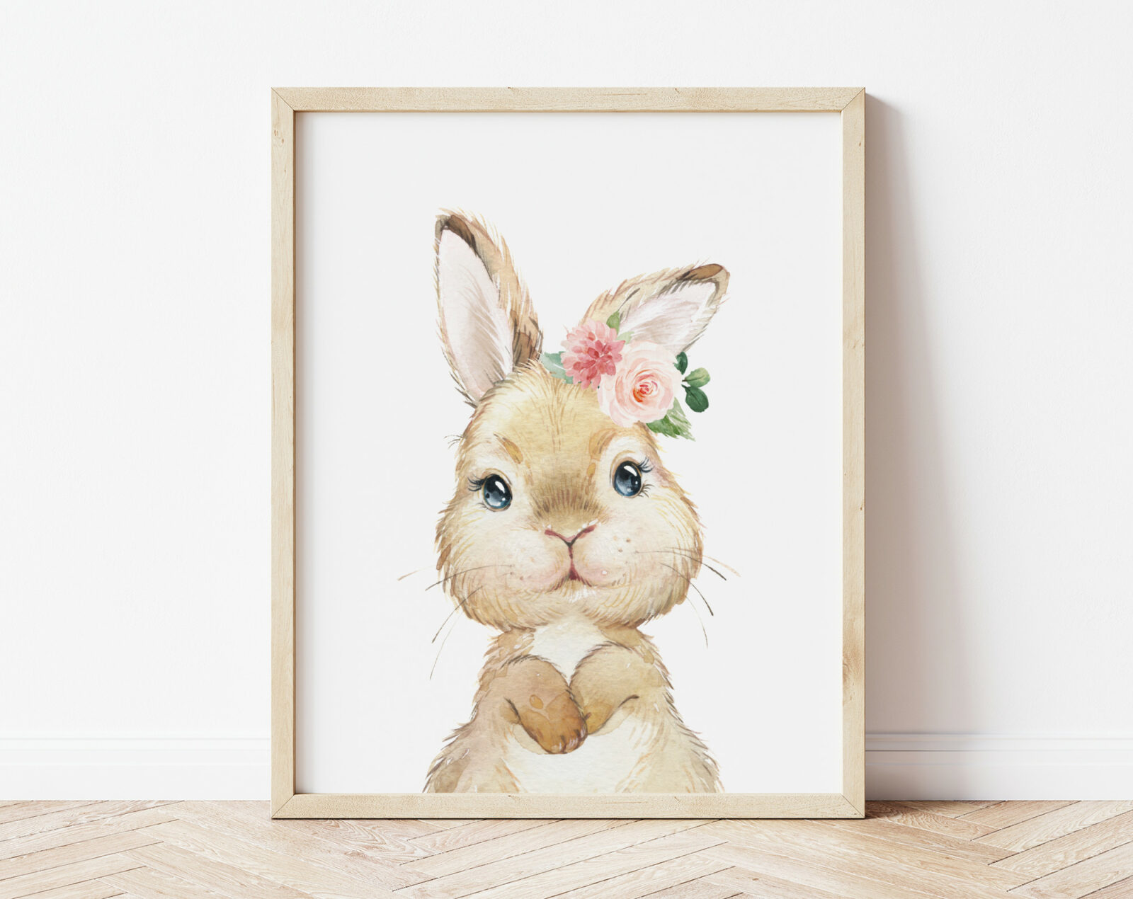 Cute Bunny Pink Flowers Nursery Wall Art - Set of 3