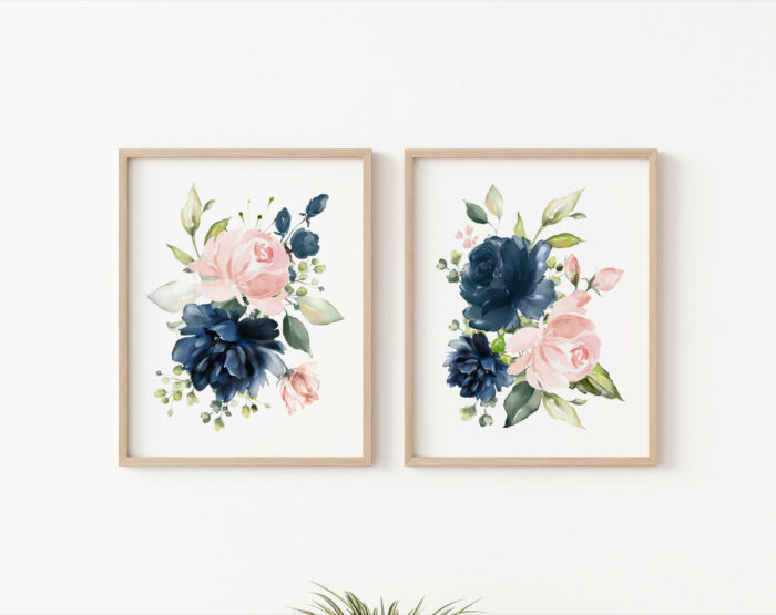 Navy and Blush Flowers Nursery Prints - Set of 2 - Nursery Wall Art