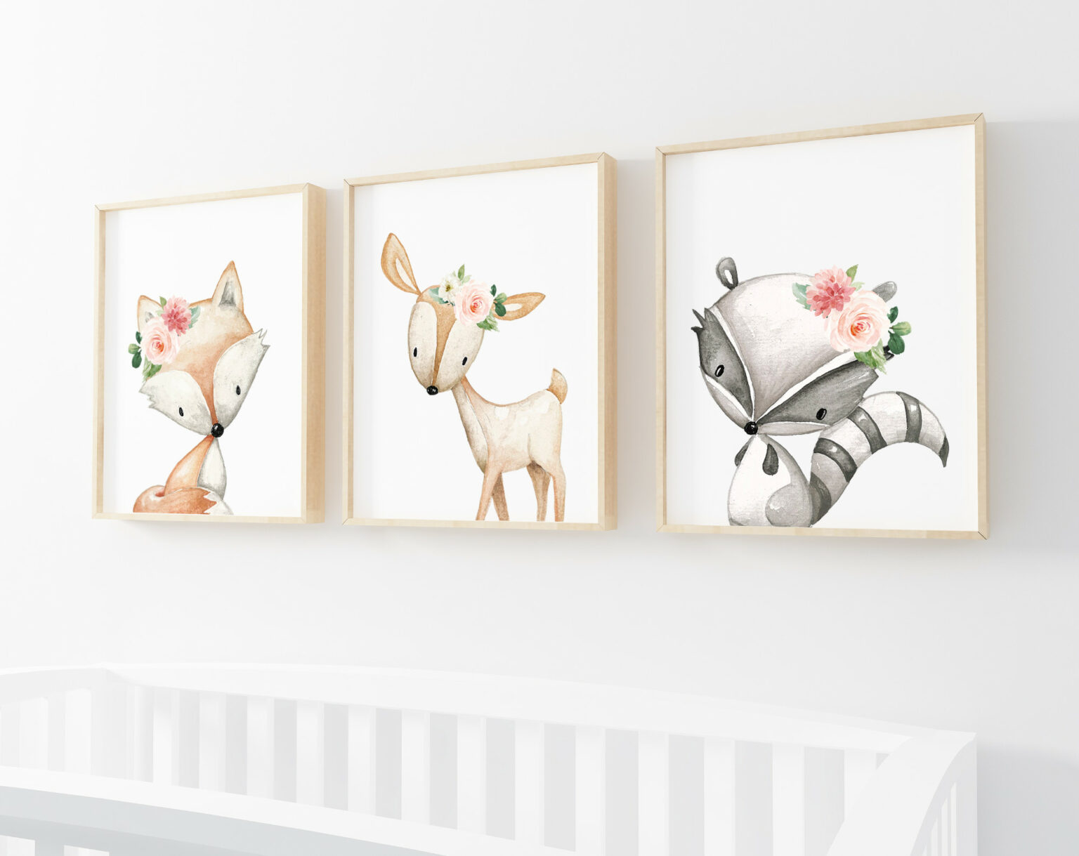 Pink Flowers Boho Woodland Animals Nursery Prints - Set of 3