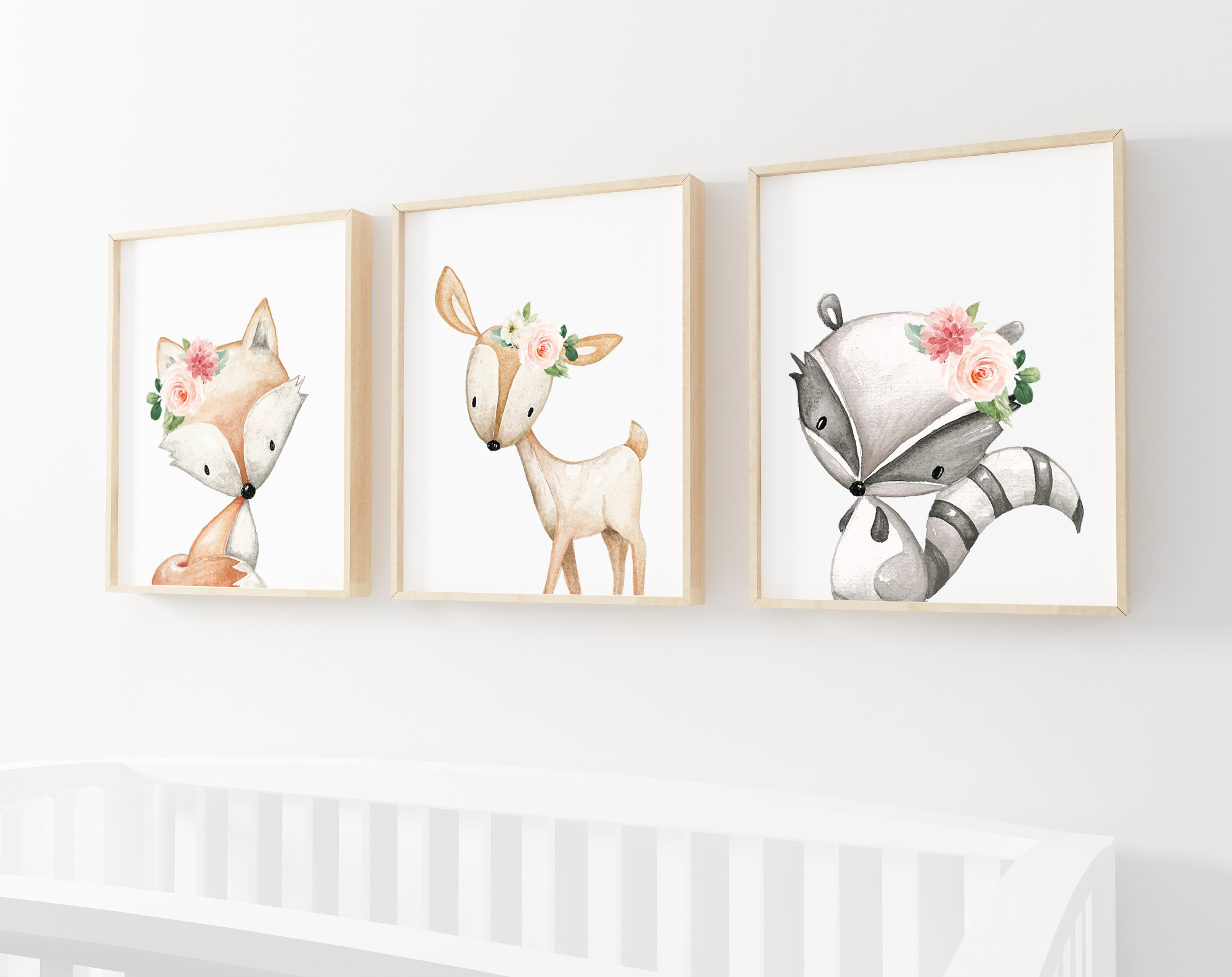 Pink Flowers Boho Woodland Animals Nursery Prints - Set of 3