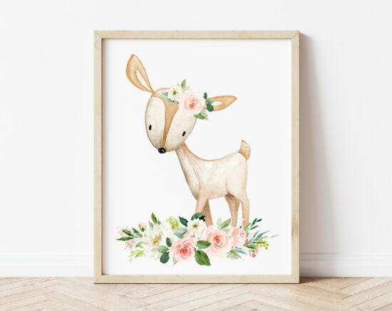 Pink Flowers Boho Woodland Animals Nursery Wall Art - Set of 3
