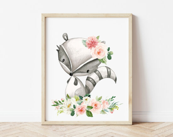 Pink Flowers Boho Woodland Animals Nursery Wall Art - Set of 3