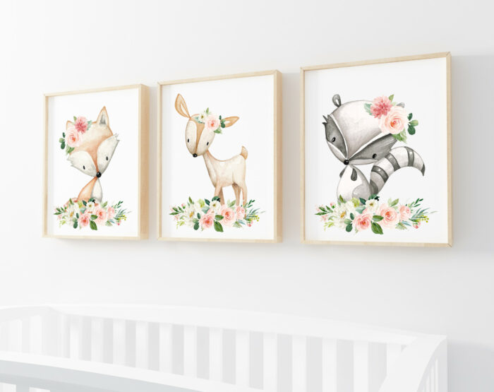 Pink Flowers Boho Woodland Animals Nursery Wall Art - Set of 3