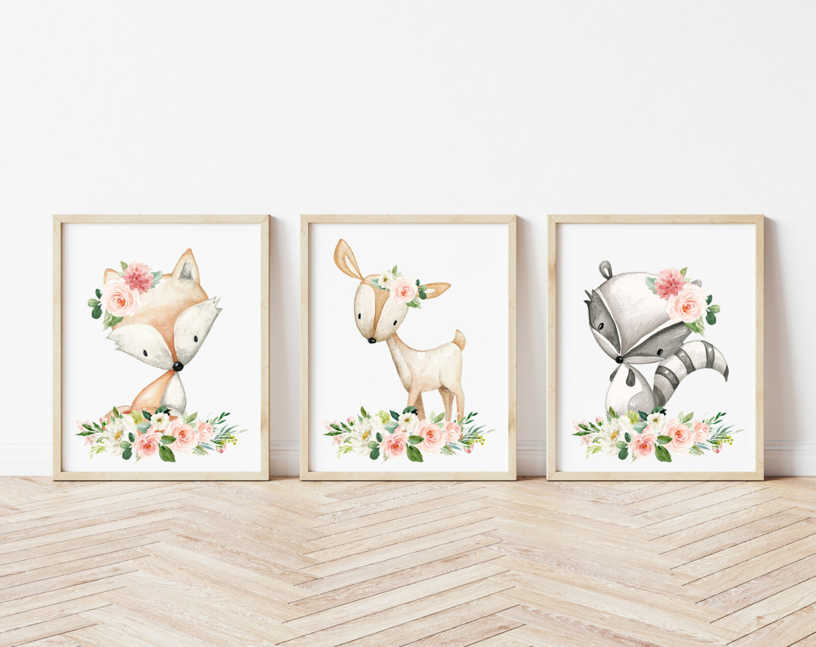 Pink Flowers Boho Woodland Animals Nursery Wall Art - Set of 3