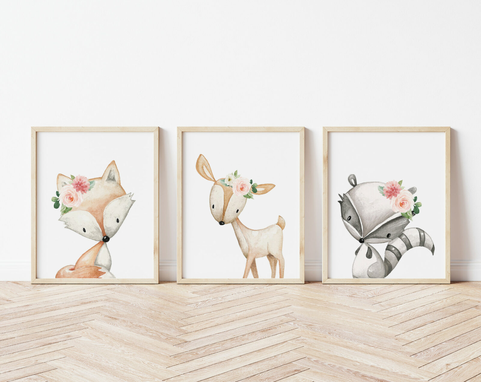 Pink Flowers Boho Woodland Animals Nursery Prints - Set of 3
