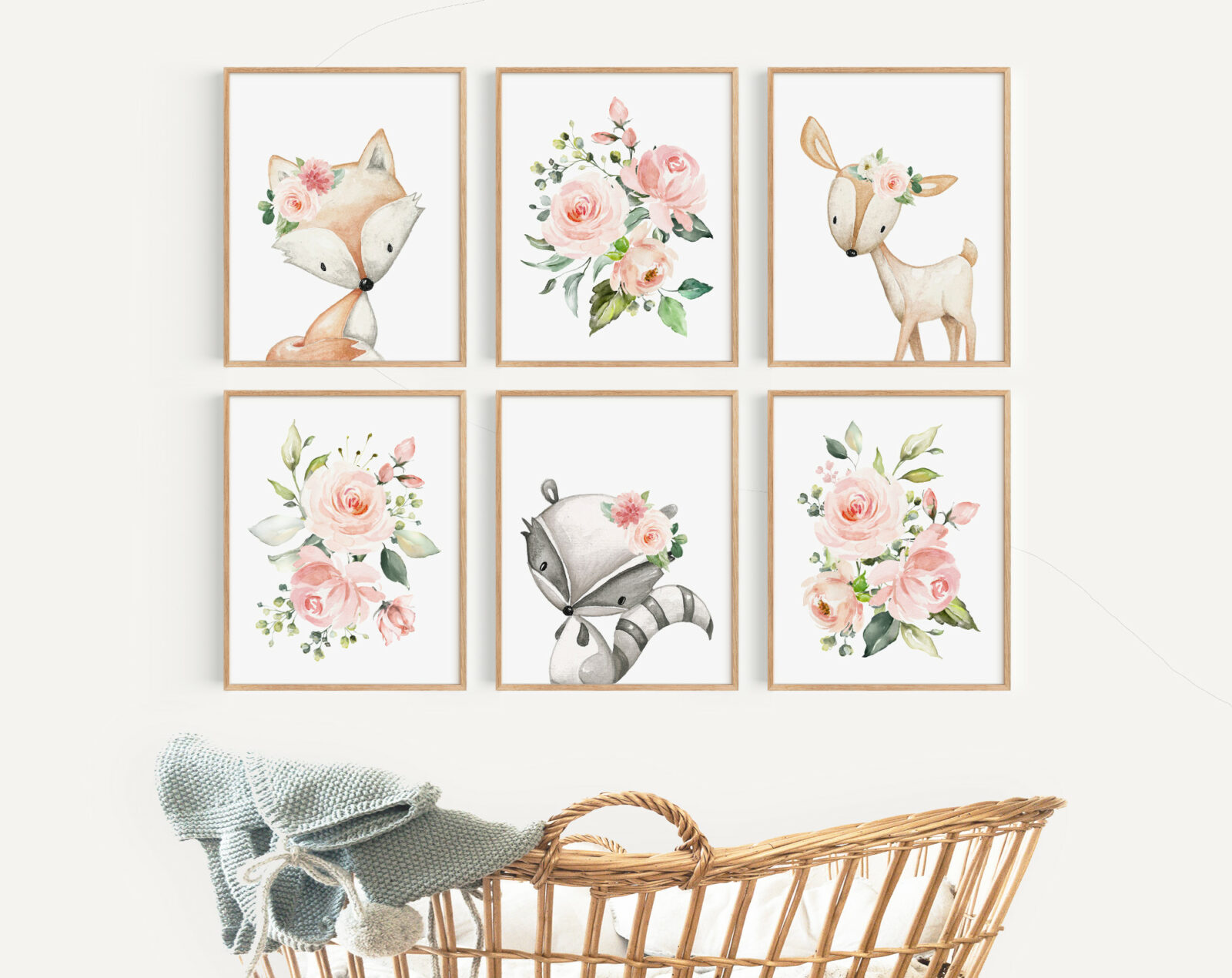 Pink Flowers Boho Woodland Animals Nursery Prints - Set of 6