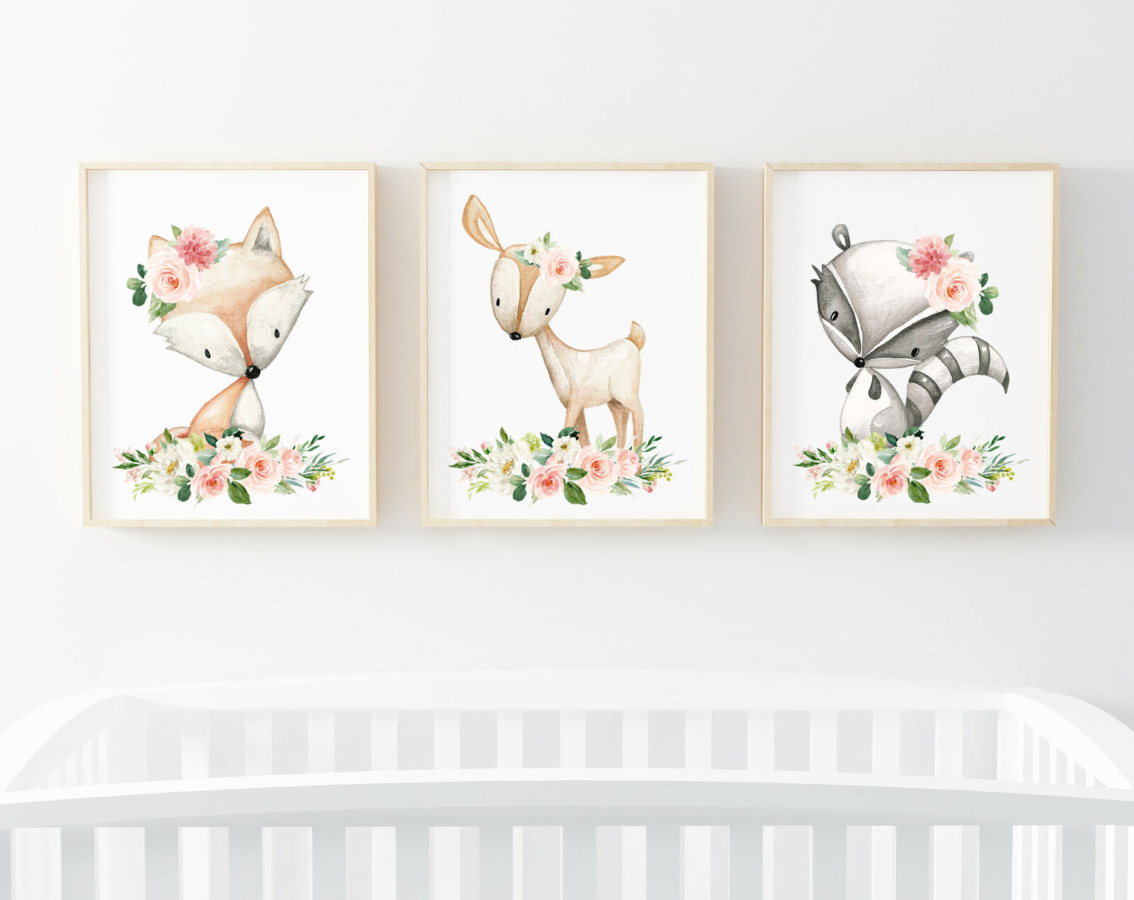 Pink Flowers Boho Woodland Animals Nursery Wall Art - Set of 3
