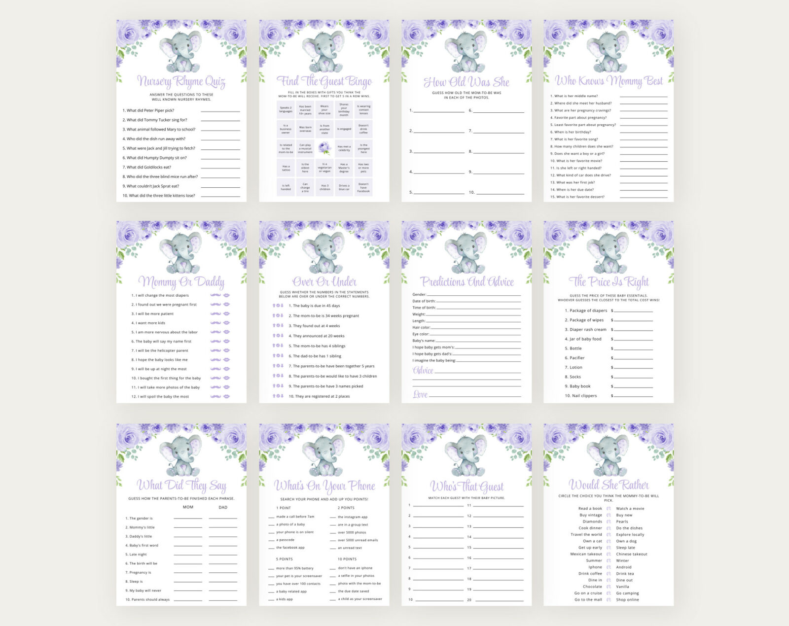 Cute Elephant Baby Shower Games Bundle - Set of 35 Games