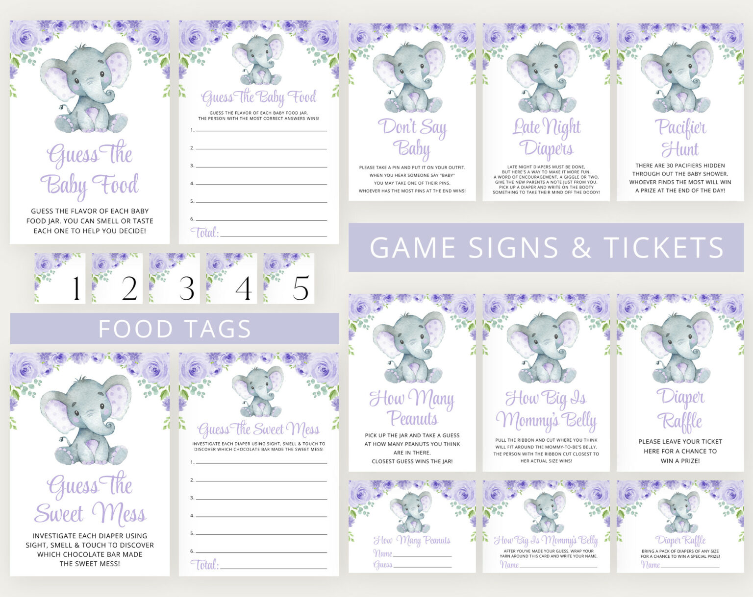 Cute Elephant Baby Shower Games Bundle - Set of 35 Games