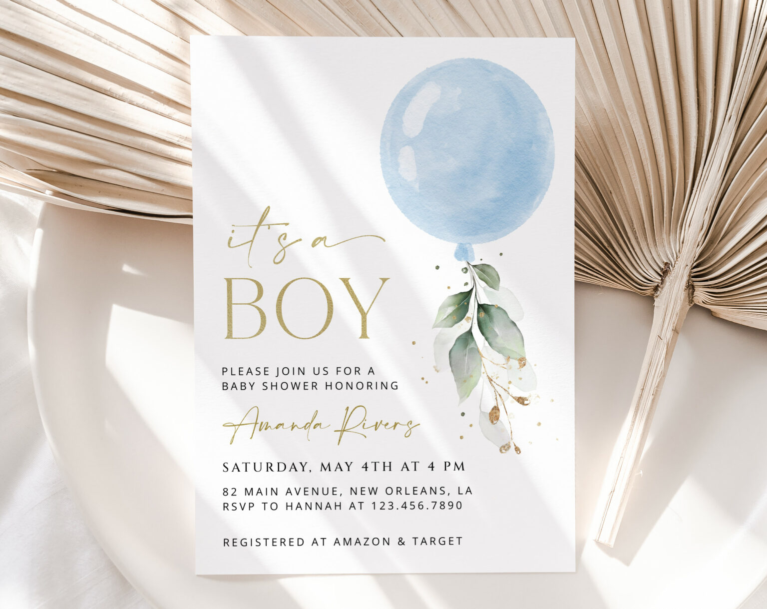 Blue Balloon and Eucalyptus Leaves Baby Shower Invitation