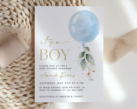 Blue Balloon and Eucalyptus Leaves Baby Shower Invitation