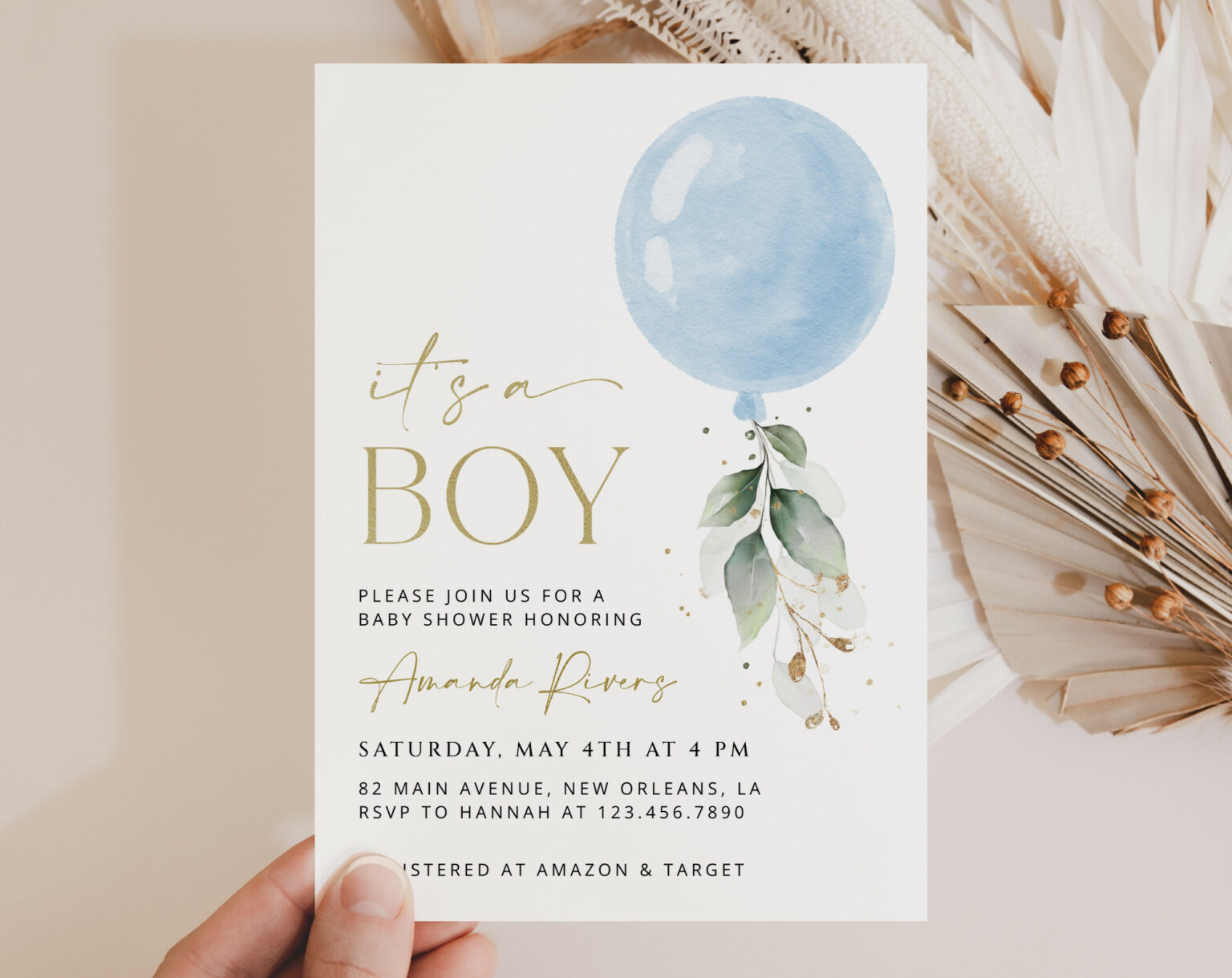 Blue Balloon and Eucalyptus Leaves Baby Shower Invitation