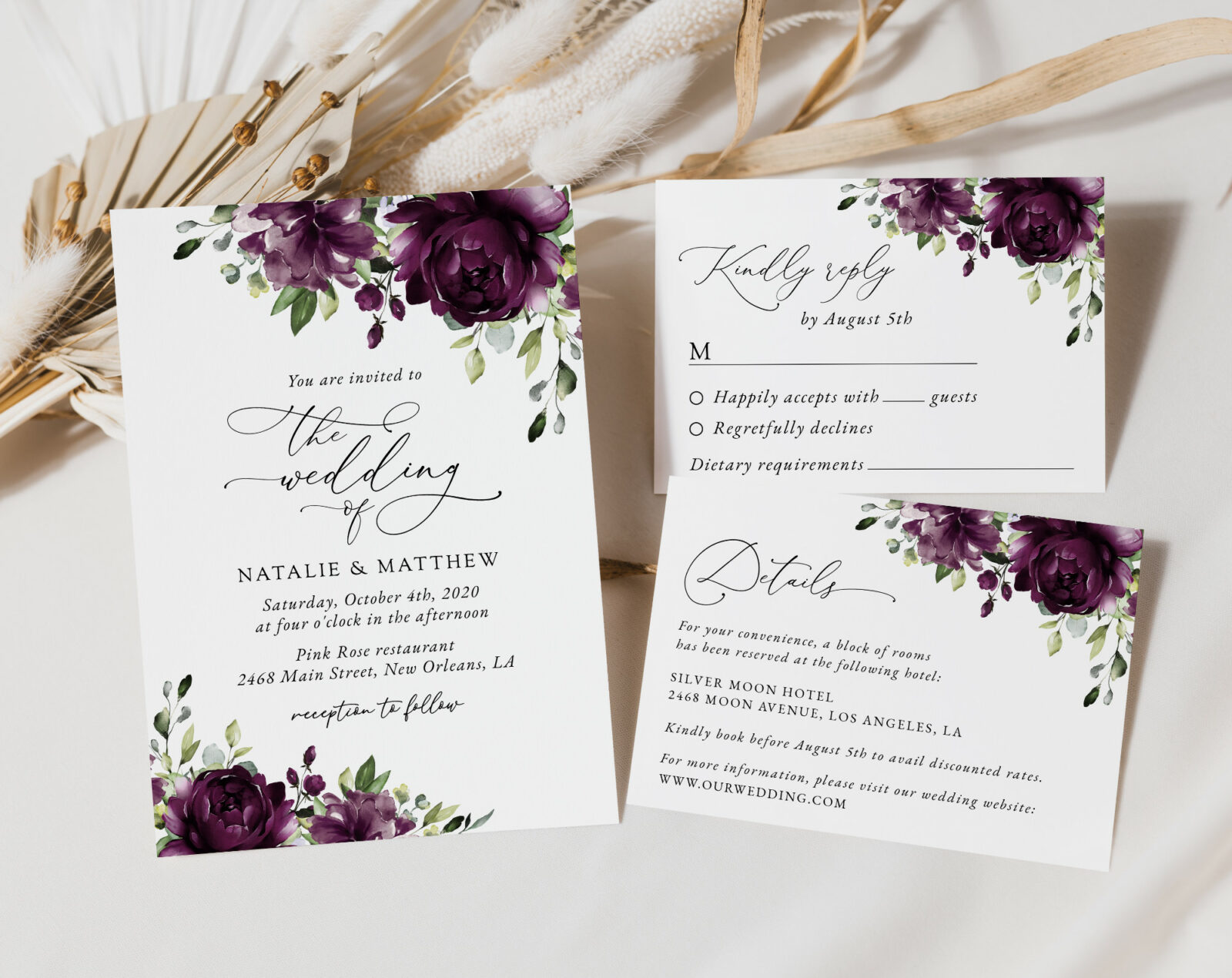 Plum Purple Flowers Wedding Invitation Suite - Wedding Stationery