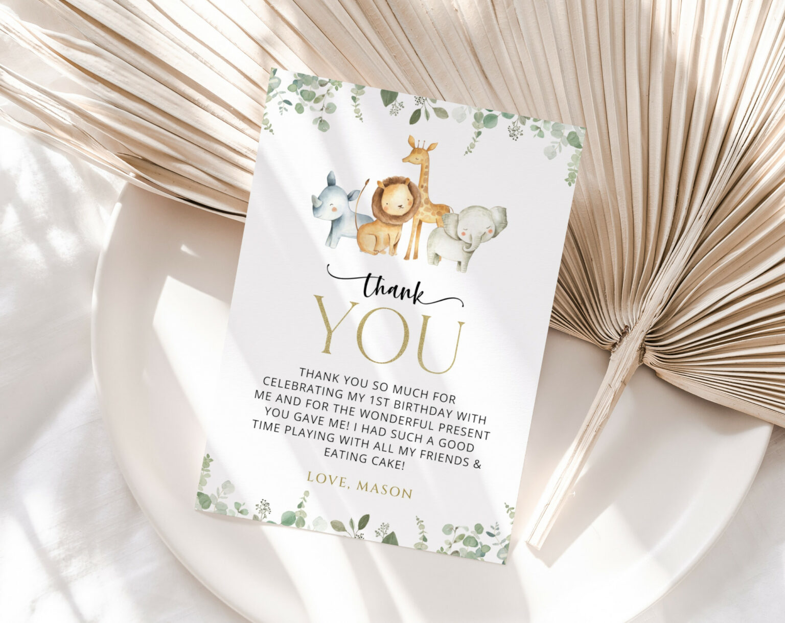 Safari Animals Thank You Card - Birthday Stationery