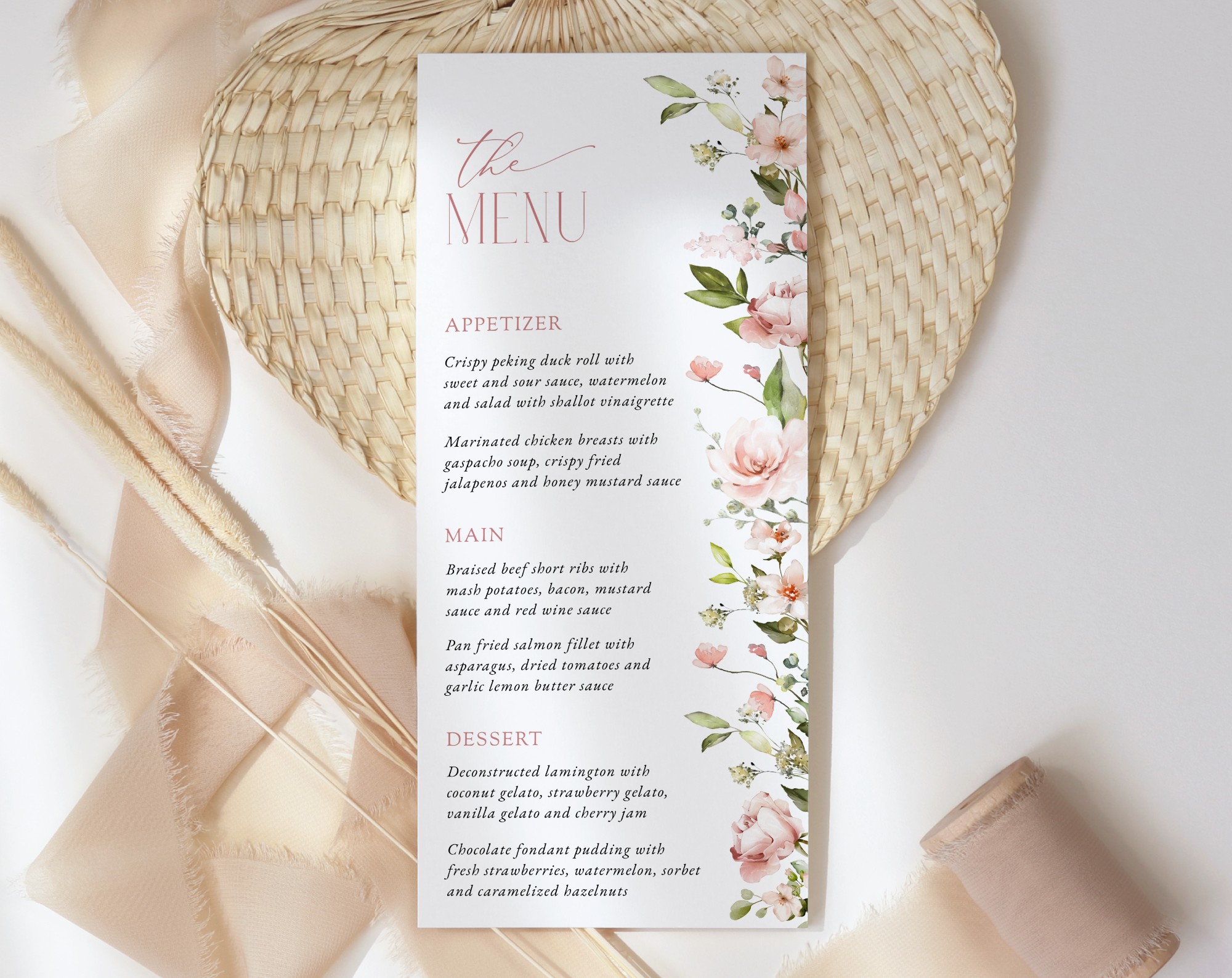 Pink Flowers Menu - Bridal Shower Stationery
