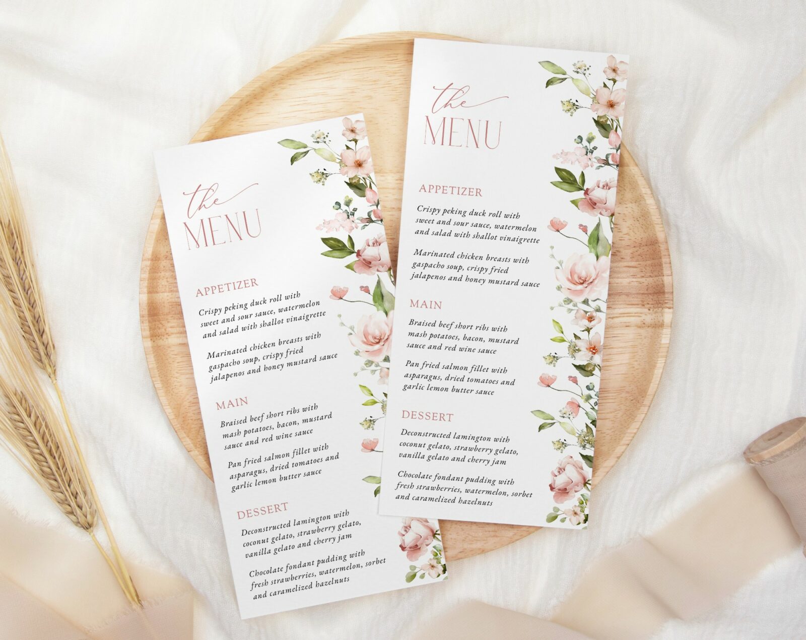 Pink Flowers Menu - Bridal Shower Stationery