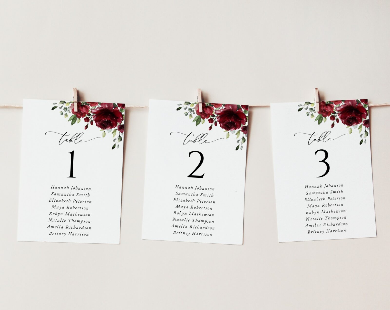 Burgundy Flowers Seating Cards - Seating Chart - Find Your Seat