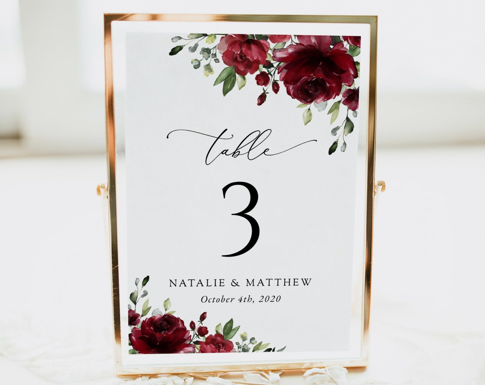 Burgundy Flowers Table Number Sign - Wedding Sign