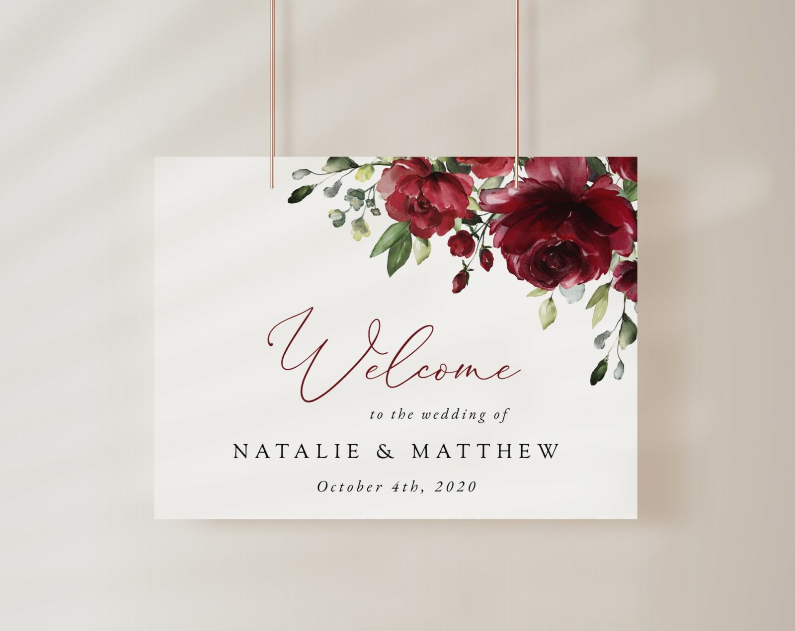 Burgundy Flowers Welcome Sign - Wedding Sign