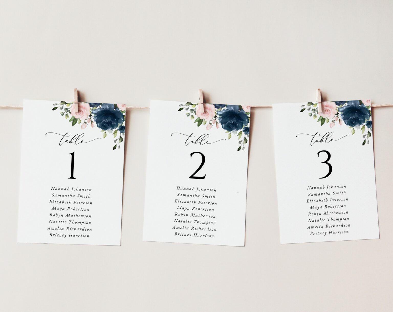 Navy and Blush Flowers Seating Cards - Seating Chart