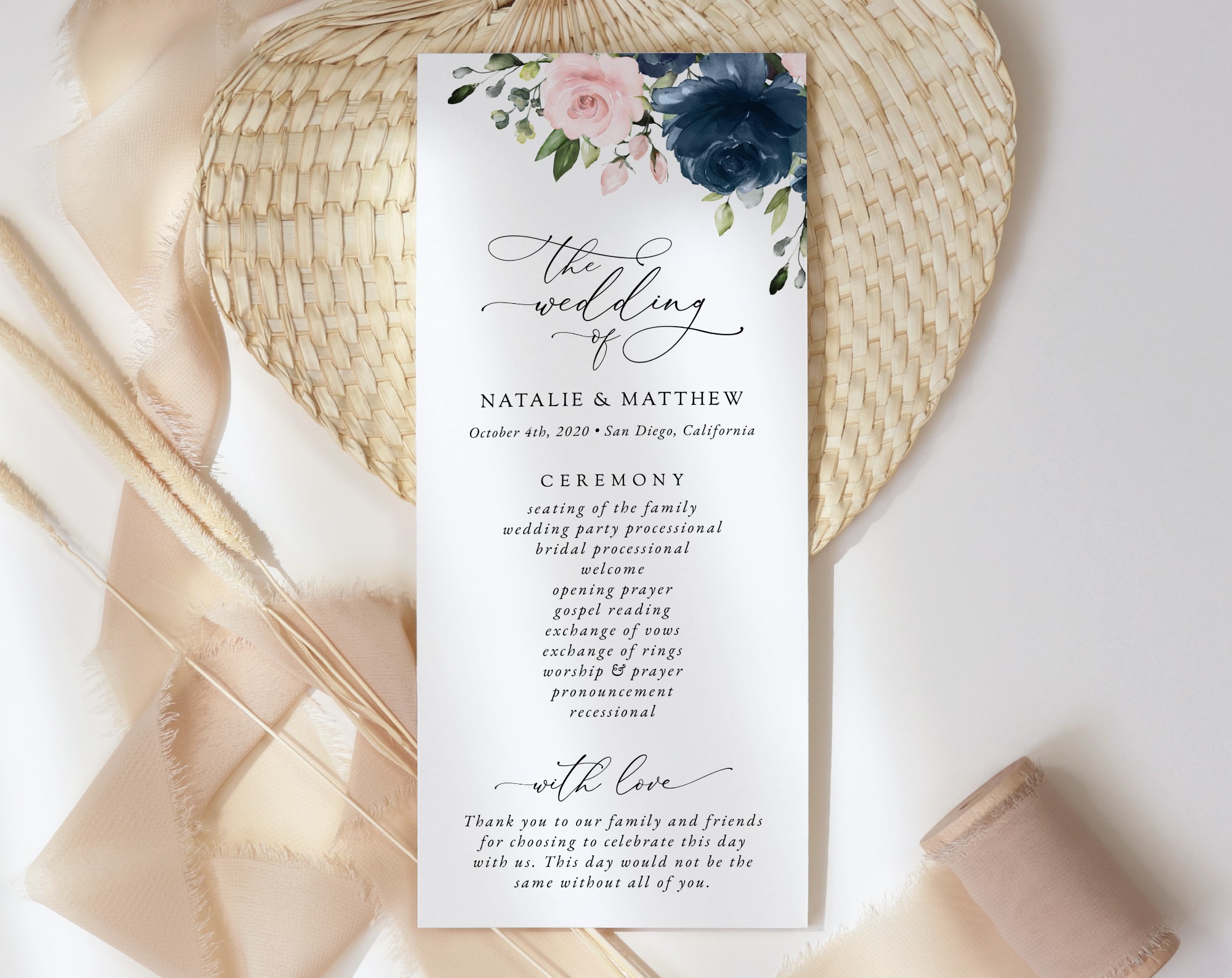 Navy and Blush Flowers Wedding Program - Wedding Stationery