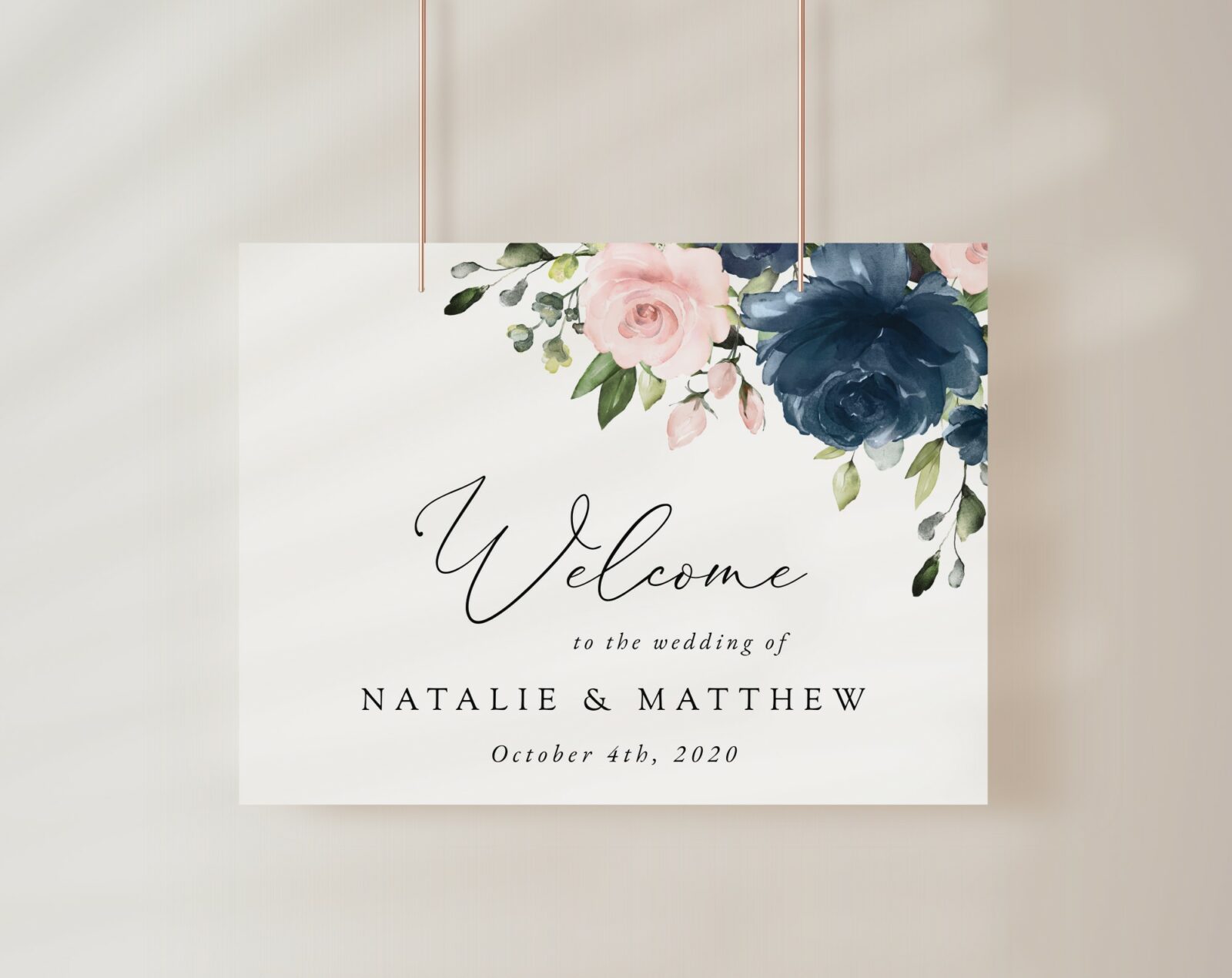 Navy and Blush Flowers Welcome Sign - Wedding Sign