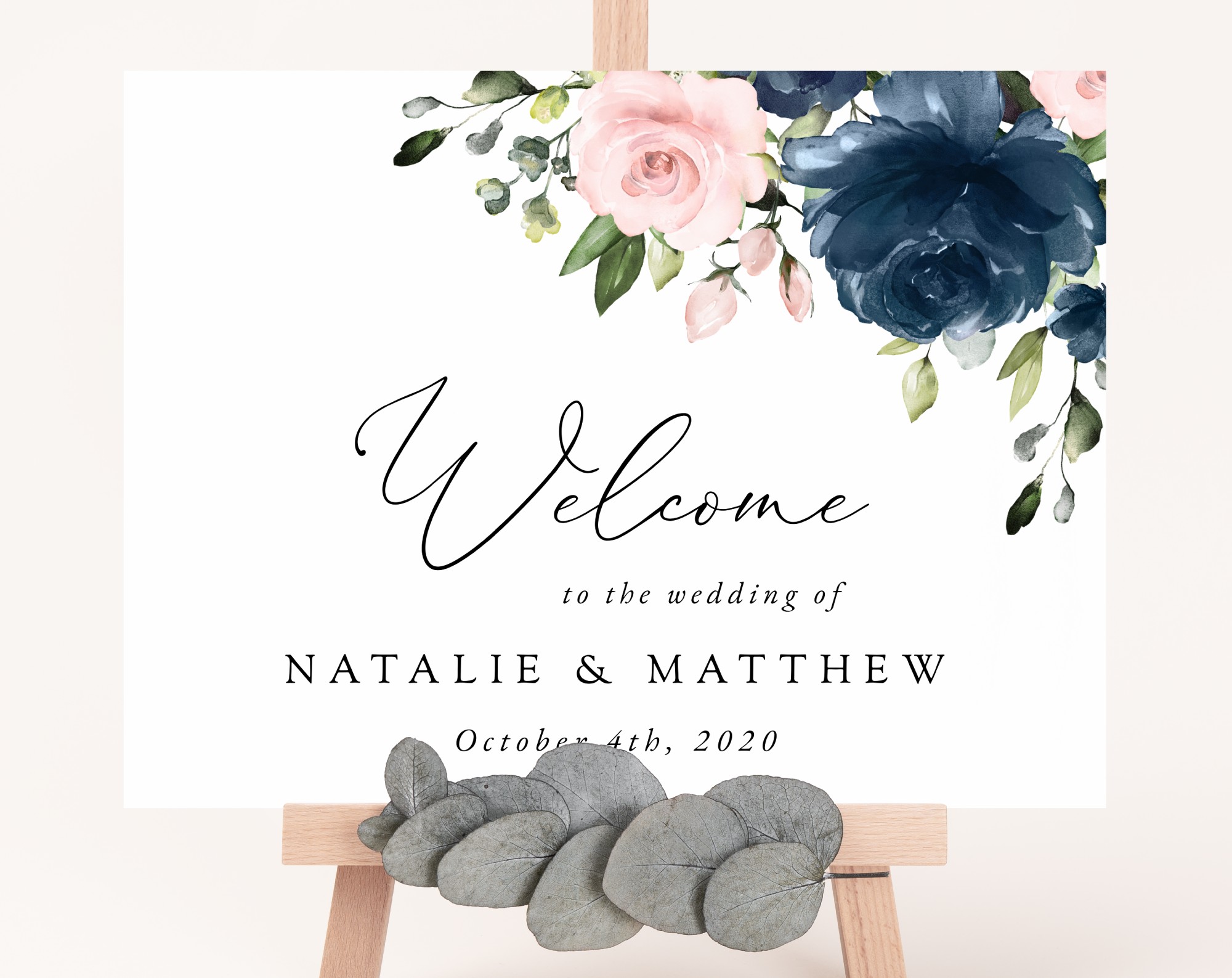 Navy and Blush Flowers Welcome Sign - Wedding Sign