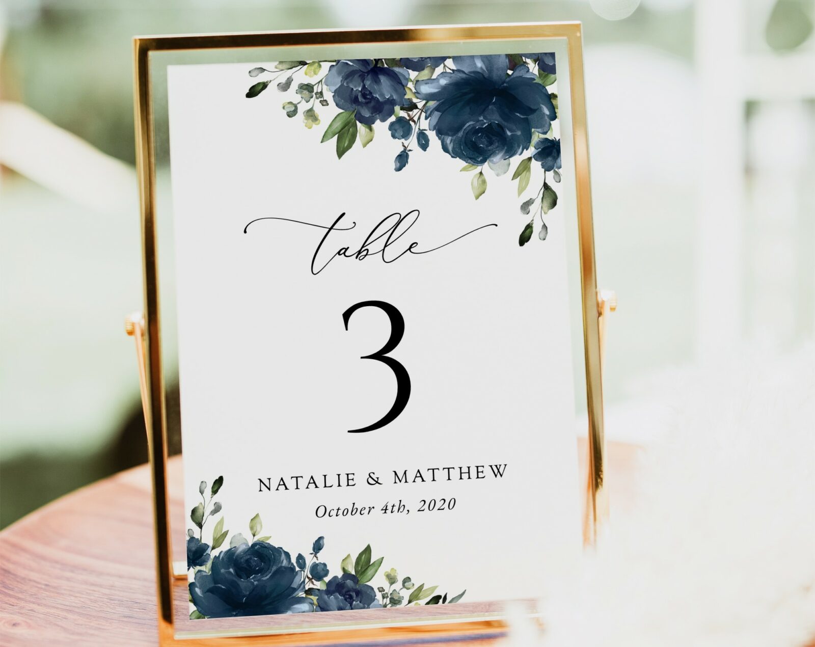 Navy Blue Flowers Table Number Sign - Wedding Sign