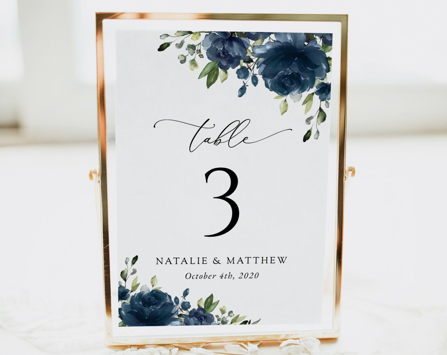 Navy Blue Flowers Table Number Sign - Wedding Sign