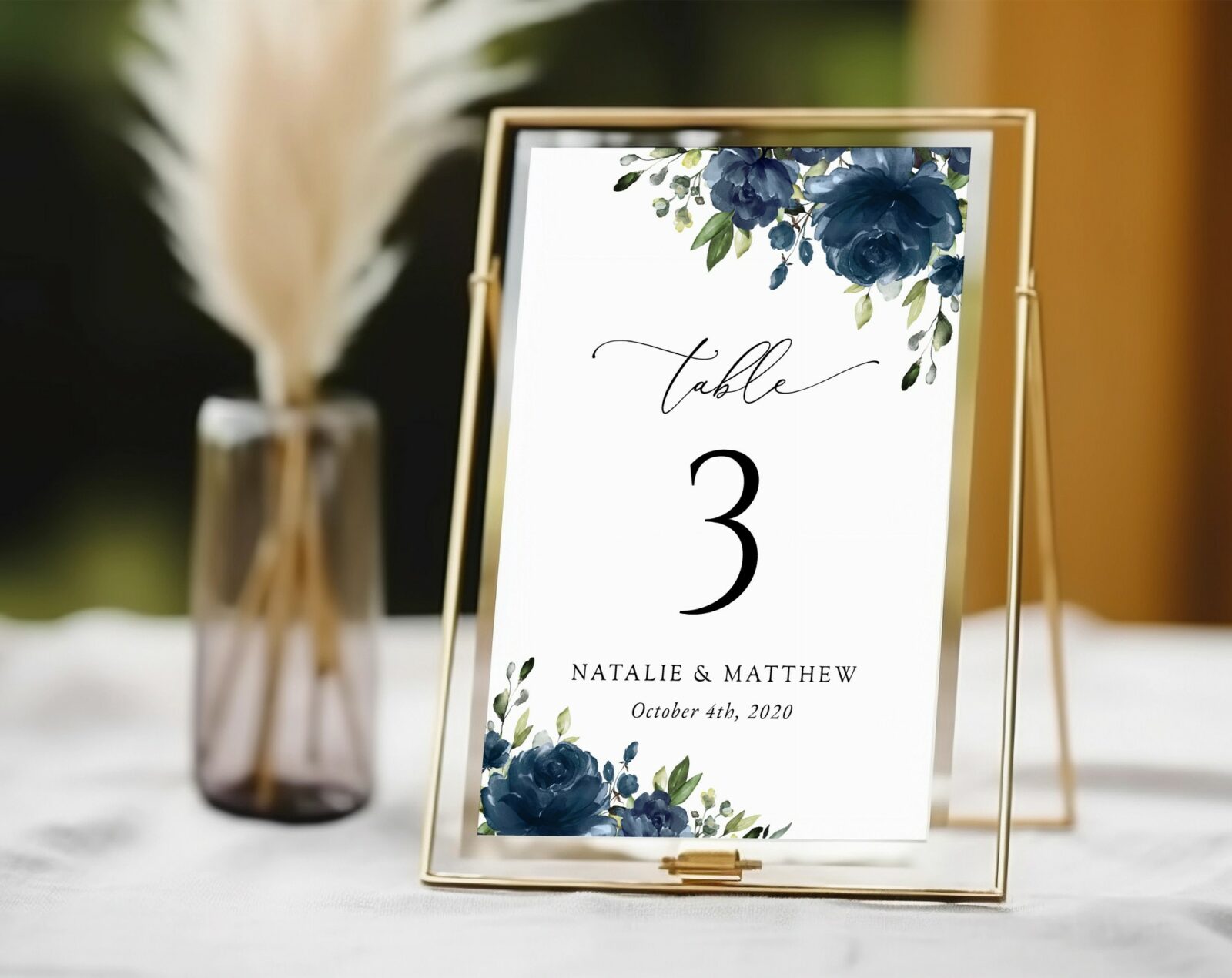 Navy Blue Flowers Table Number Sign - Wedding Sign