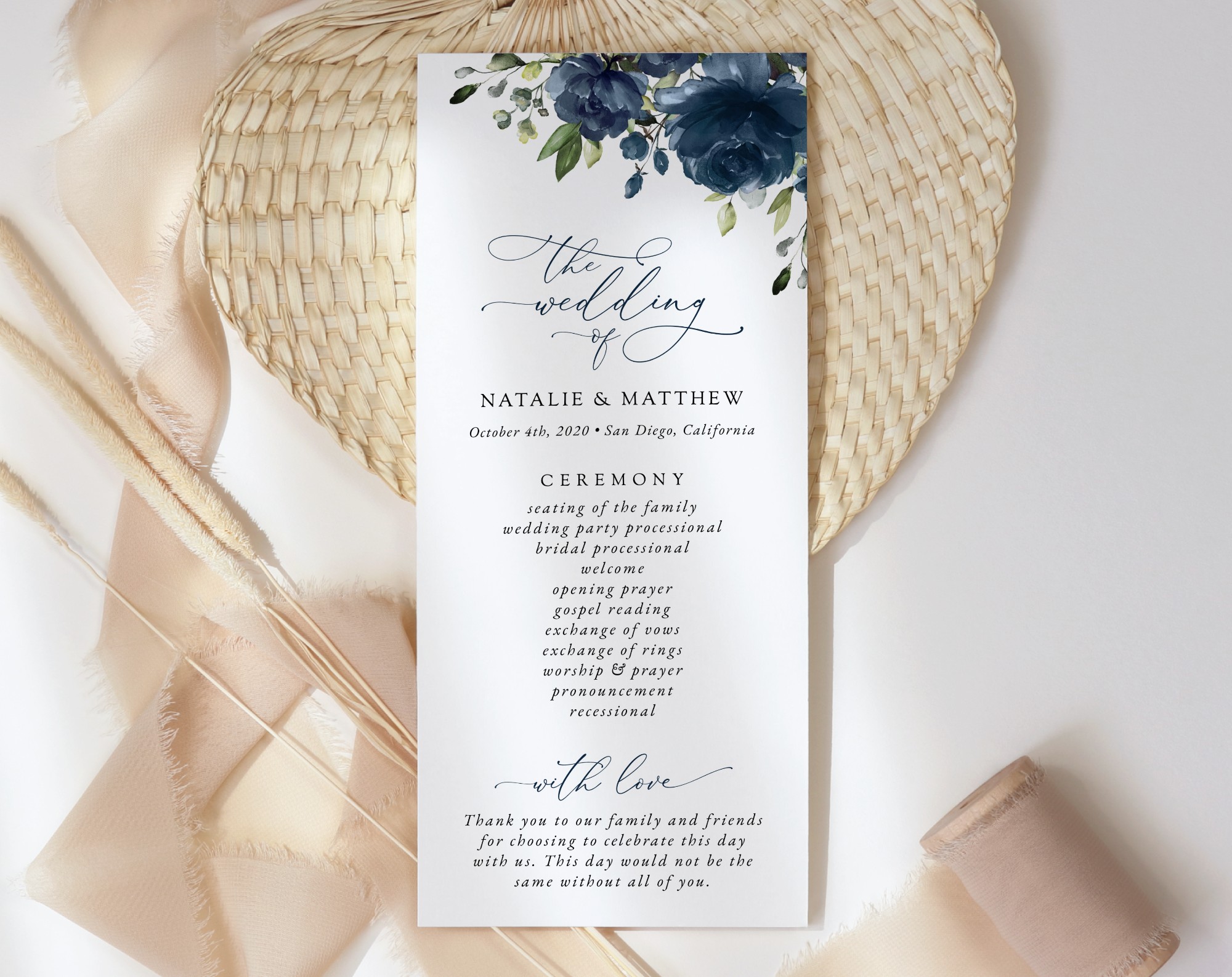 Navy Blue Flowers Wedding Program - Wedding Stationery
