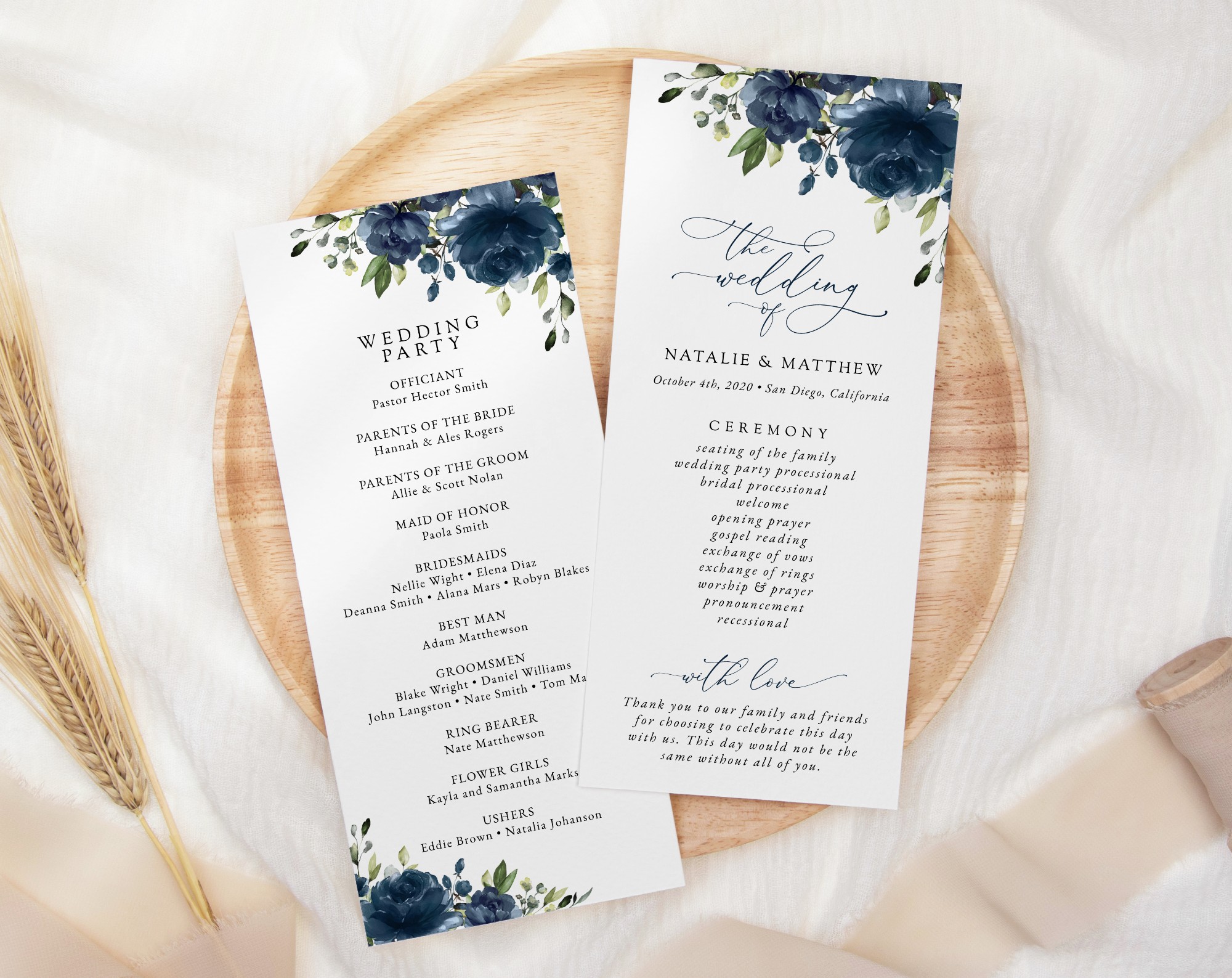 Navy Blue Flowers Wedding Program - Wedding Stationery