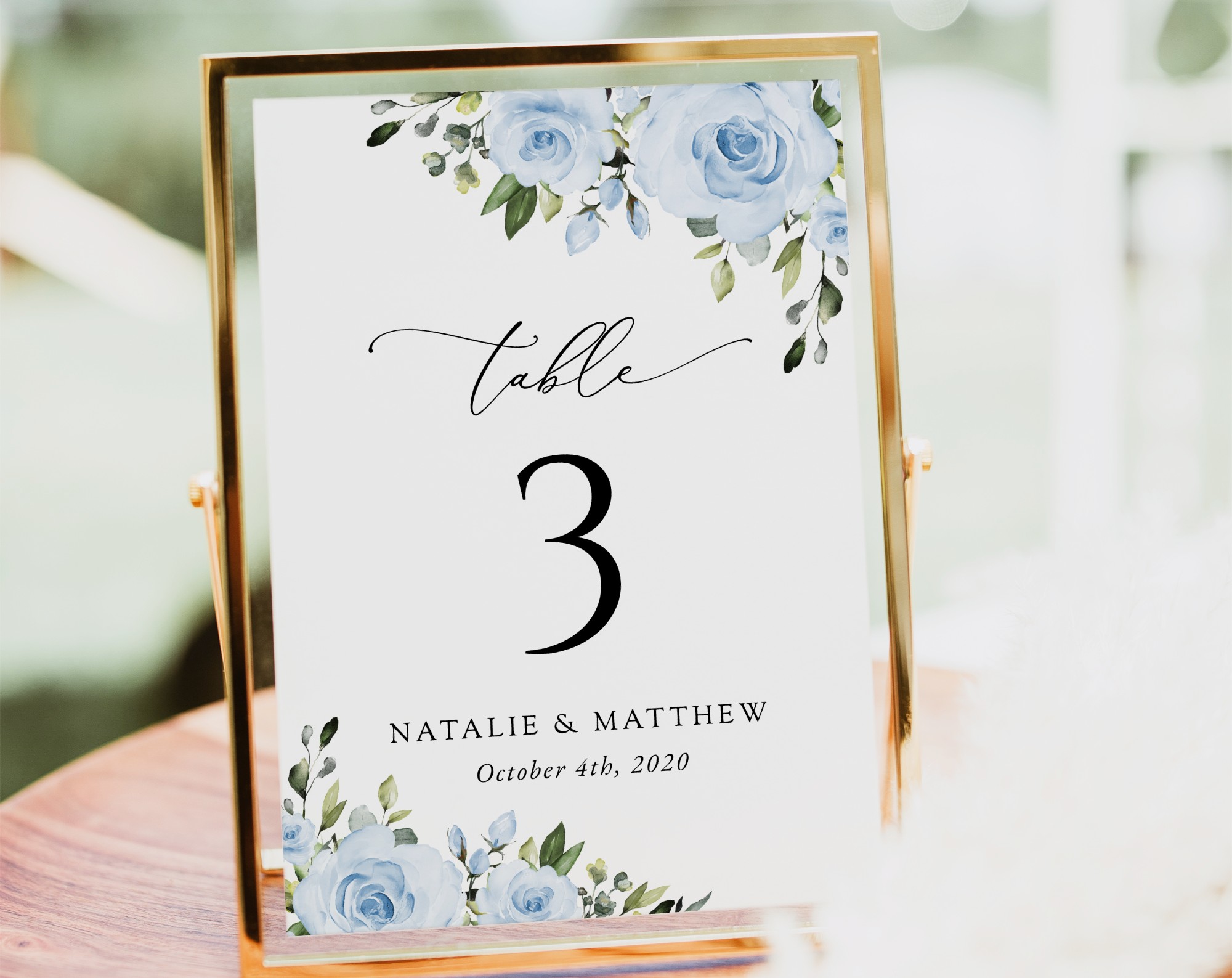 Dusty Blue Flowers Table Number Sign - Wedding Sign