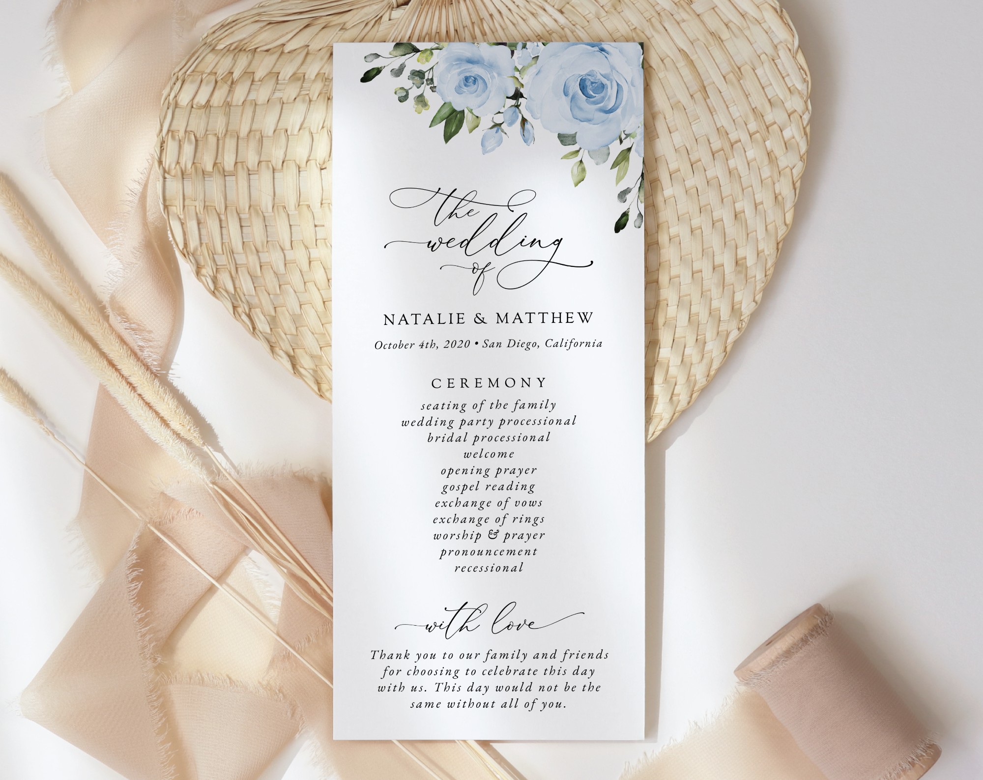 Dusty Blue Flowers Wedding Program - Wedding Stationery