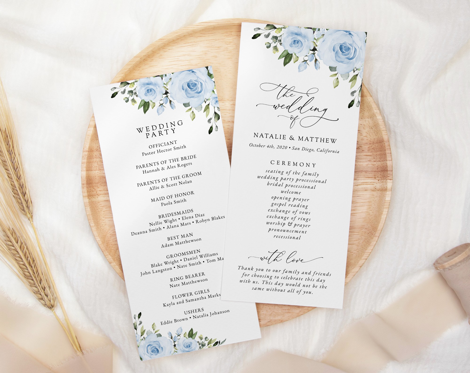 Dusty Blue Flowers Wedding Program - Wedding Stationery