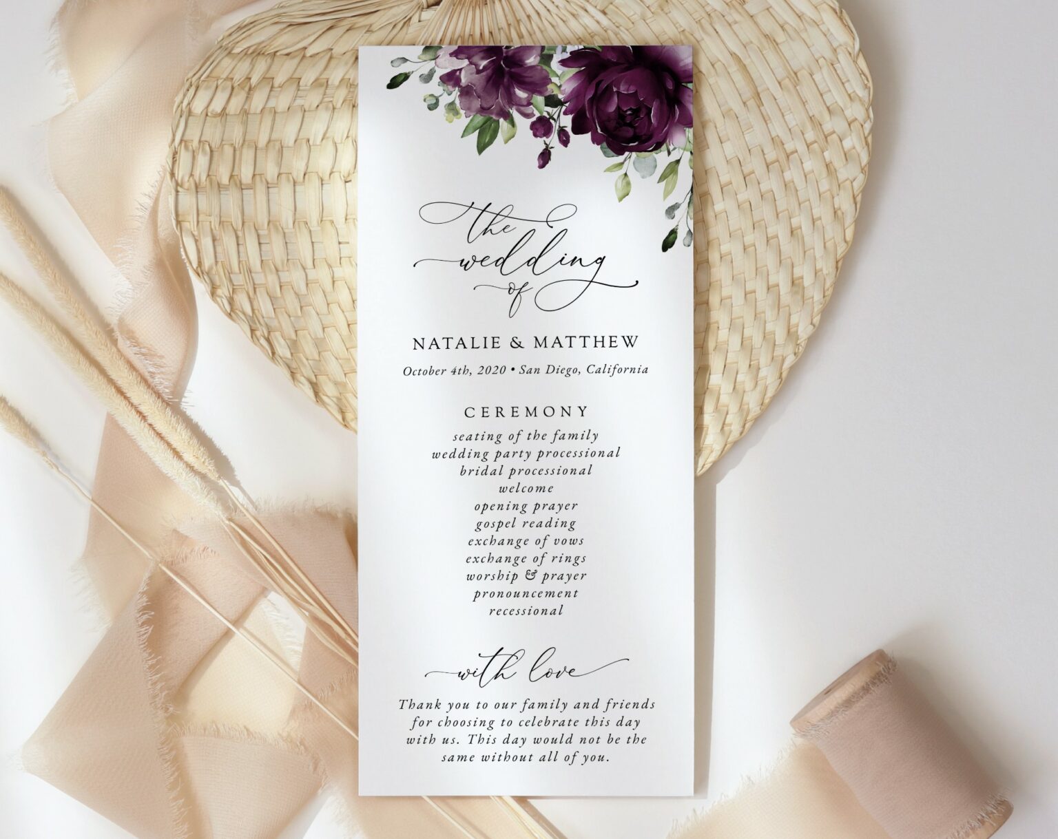 Plum Purple Flowers Wedding Program - Wedding Stationery