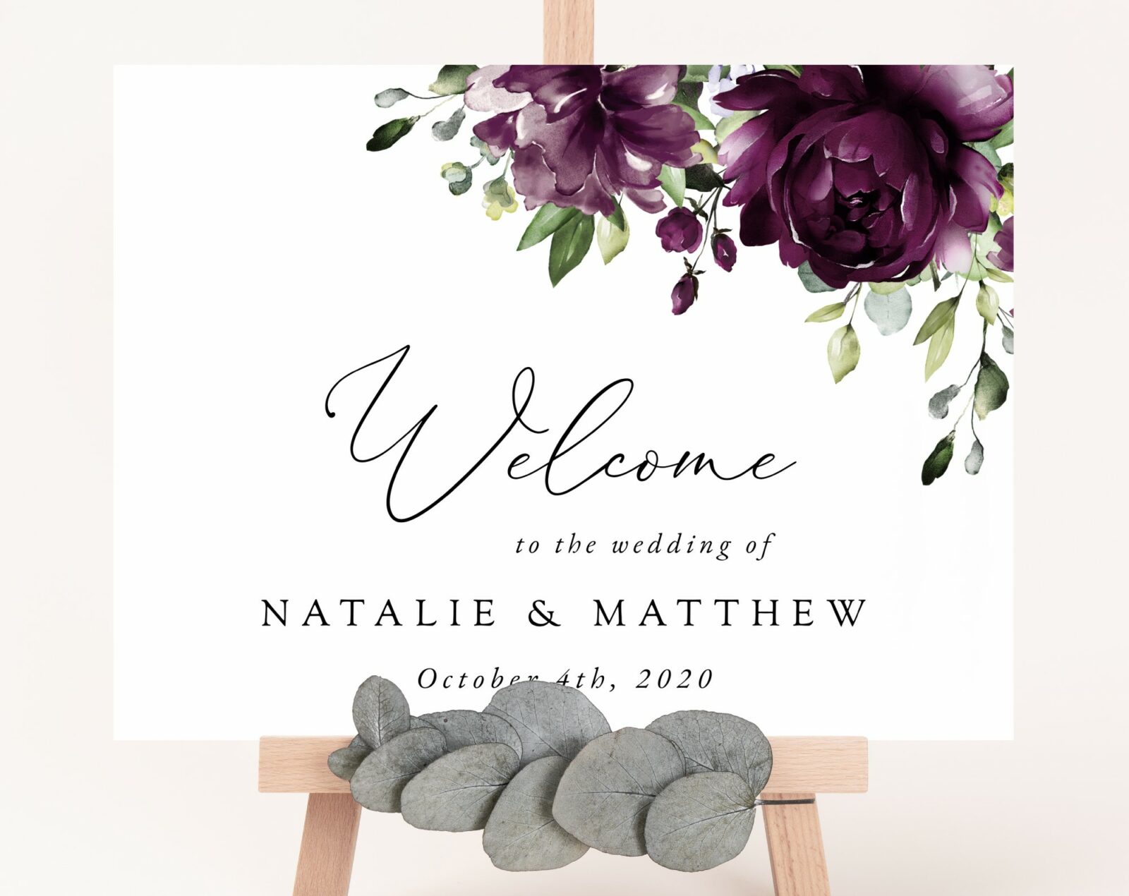 Plum Purple Flowers Welcome Sign - Wedding Sign