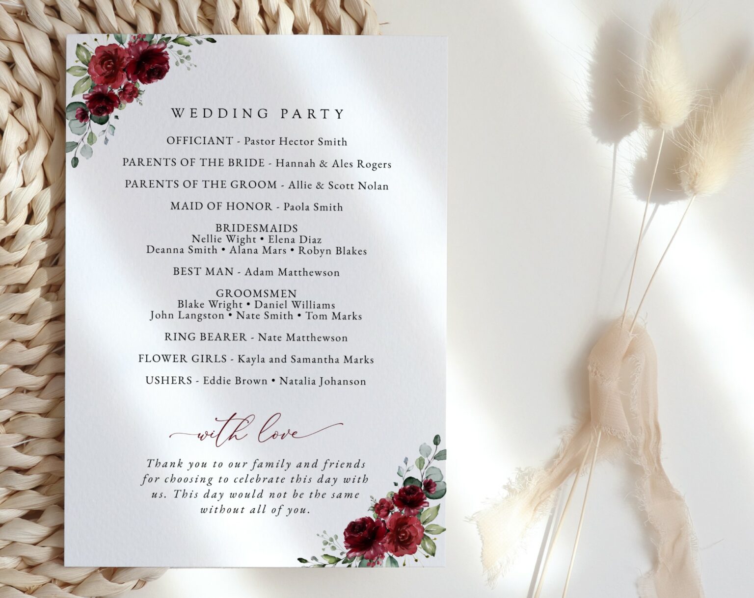 Burgundy Red Flowers Wedding Program - Wedding Stationery