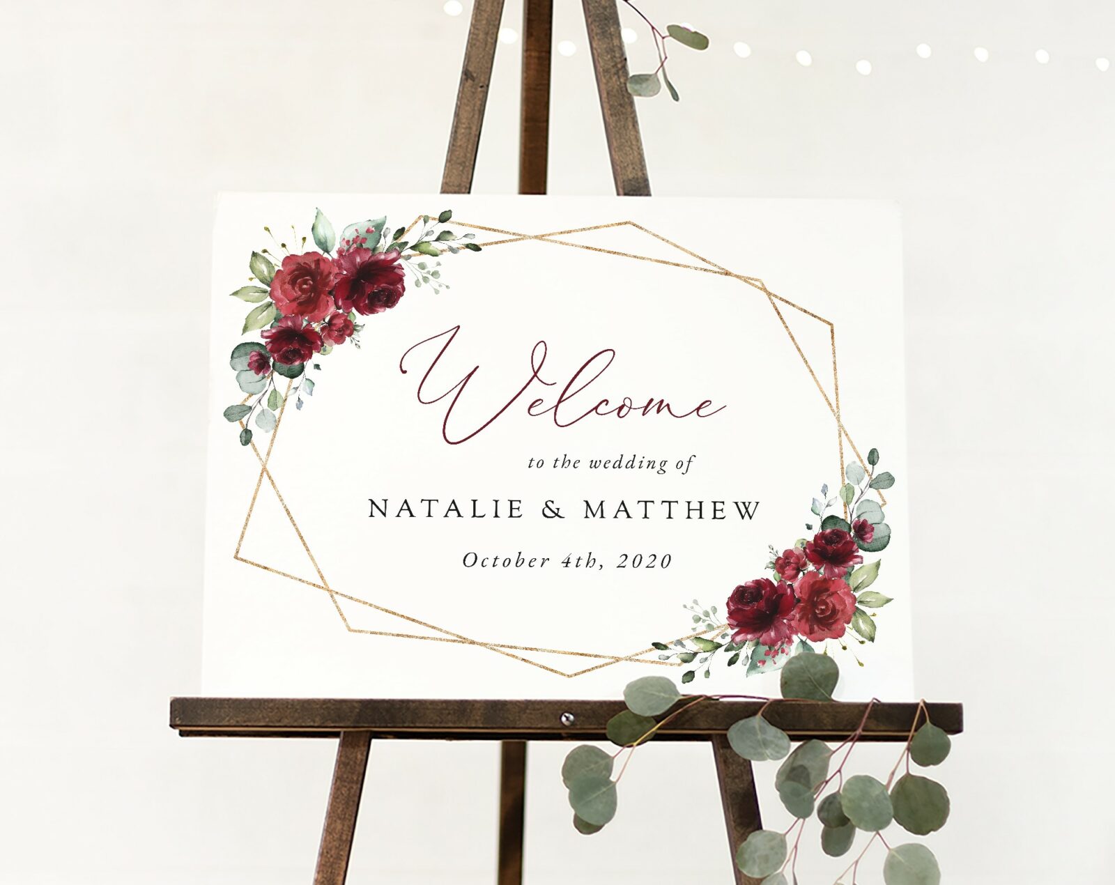 Burgundy Red Flowers Welcome Sign - Wedding Sign