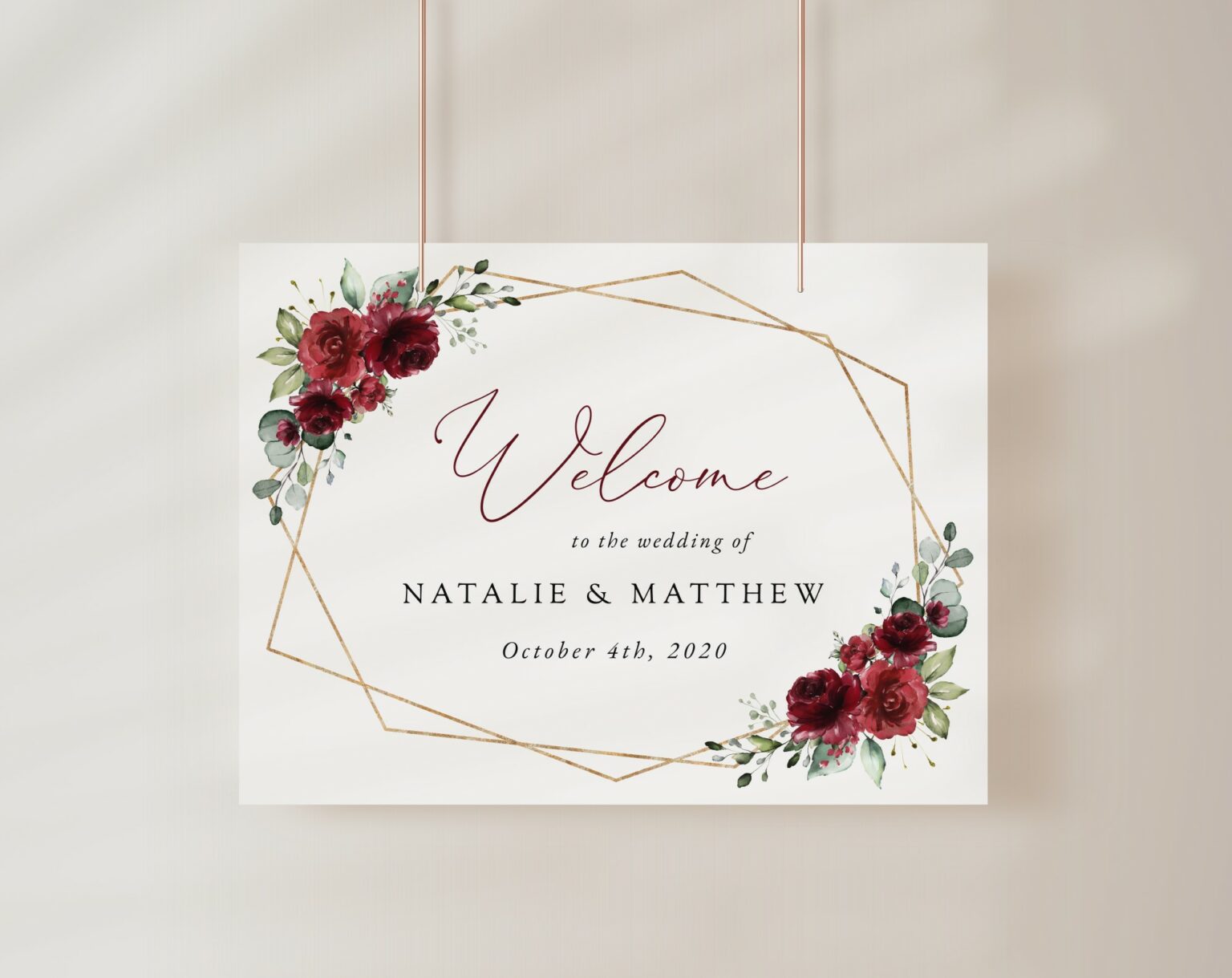 Burgundy Red Flowers Welcome Sign - Wedding Sign