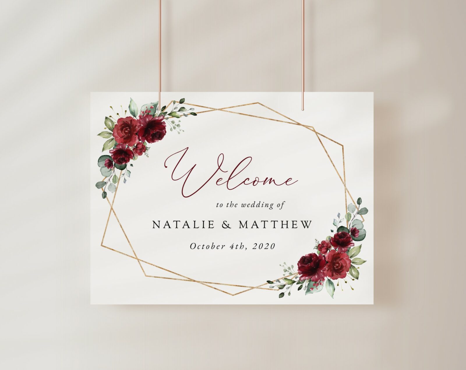 Burgundy Red Flowers Welcome Sign - Wedding Sign