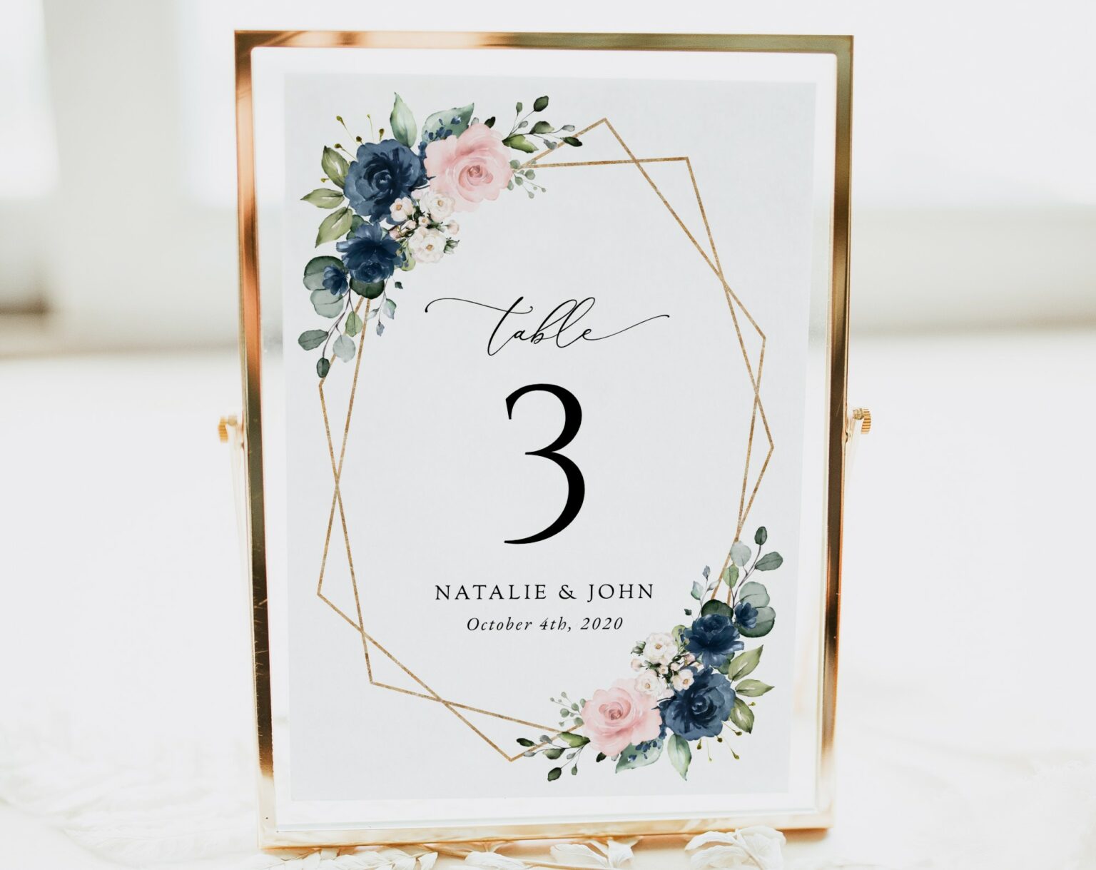 Navy Blue and Blush Pink Flowers Wedding Table Number Sign