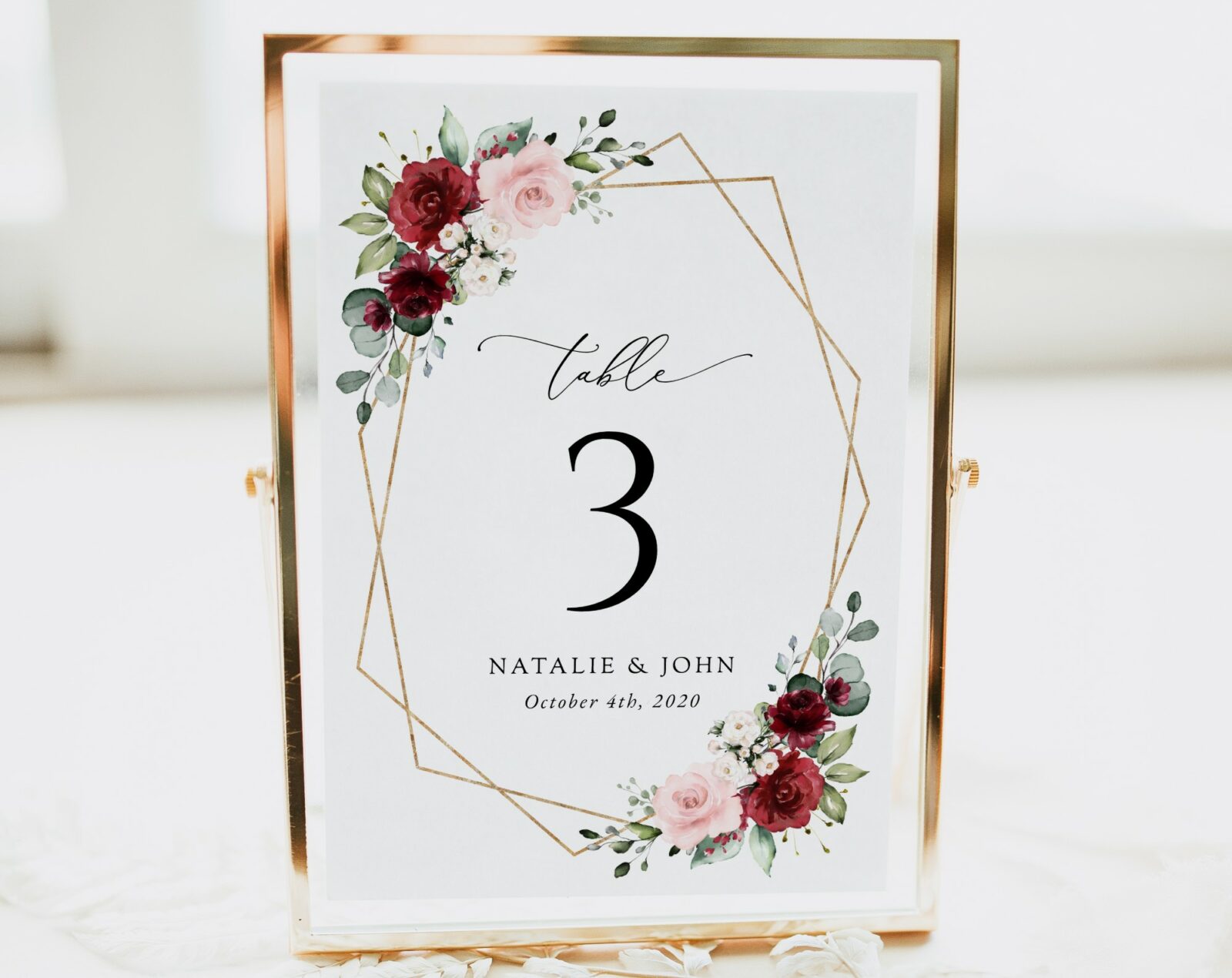 Burgundy and Pink Flowers Table Number Sign - Wedding Sign