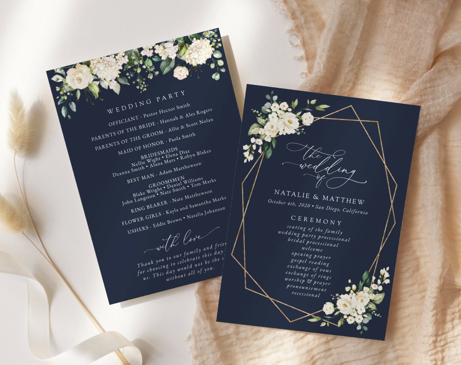 Navy and White Flowers Wedding Program - Wedding Stationery