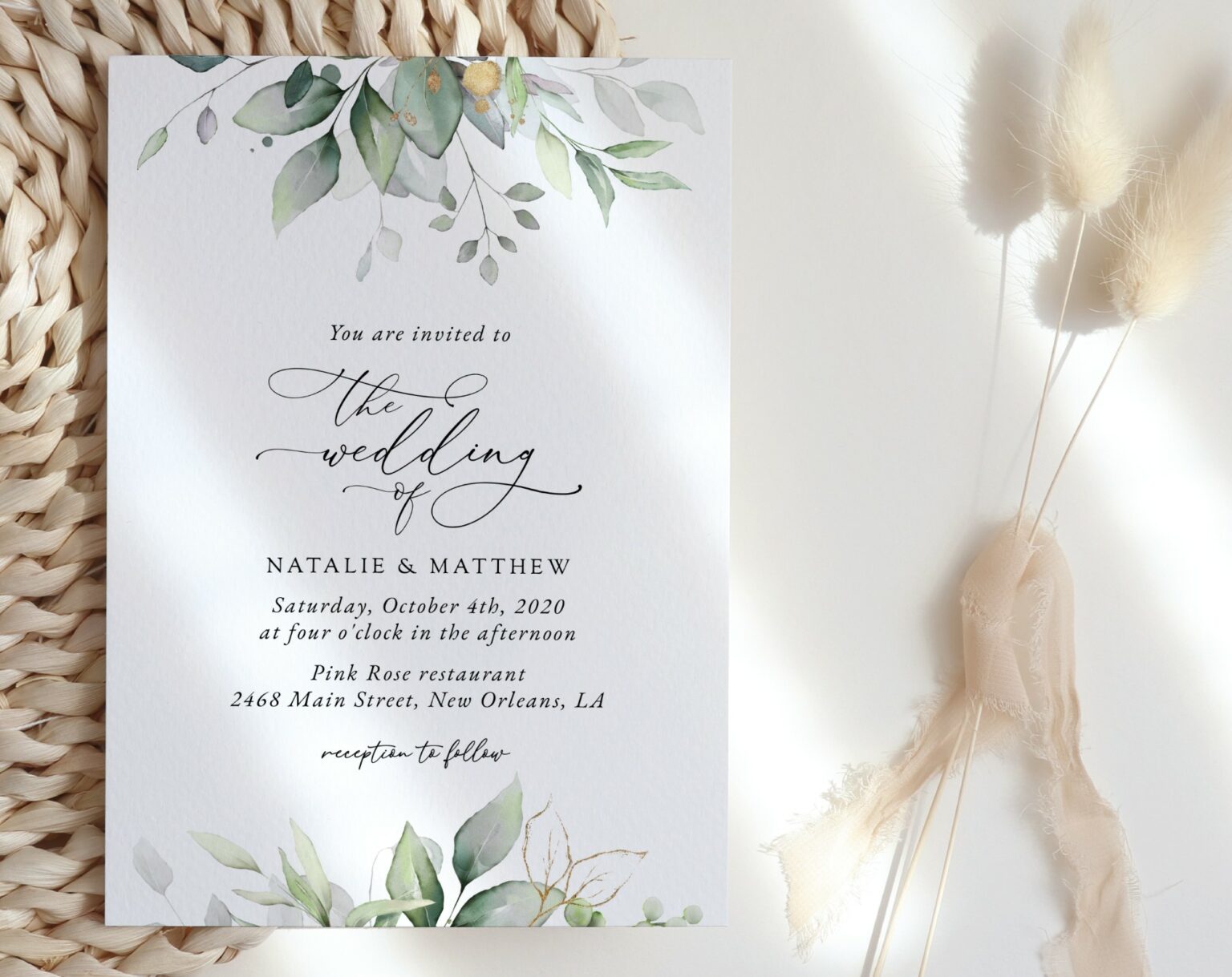 Greenery and Gold Wedding Invitation - Wedding Stationery
