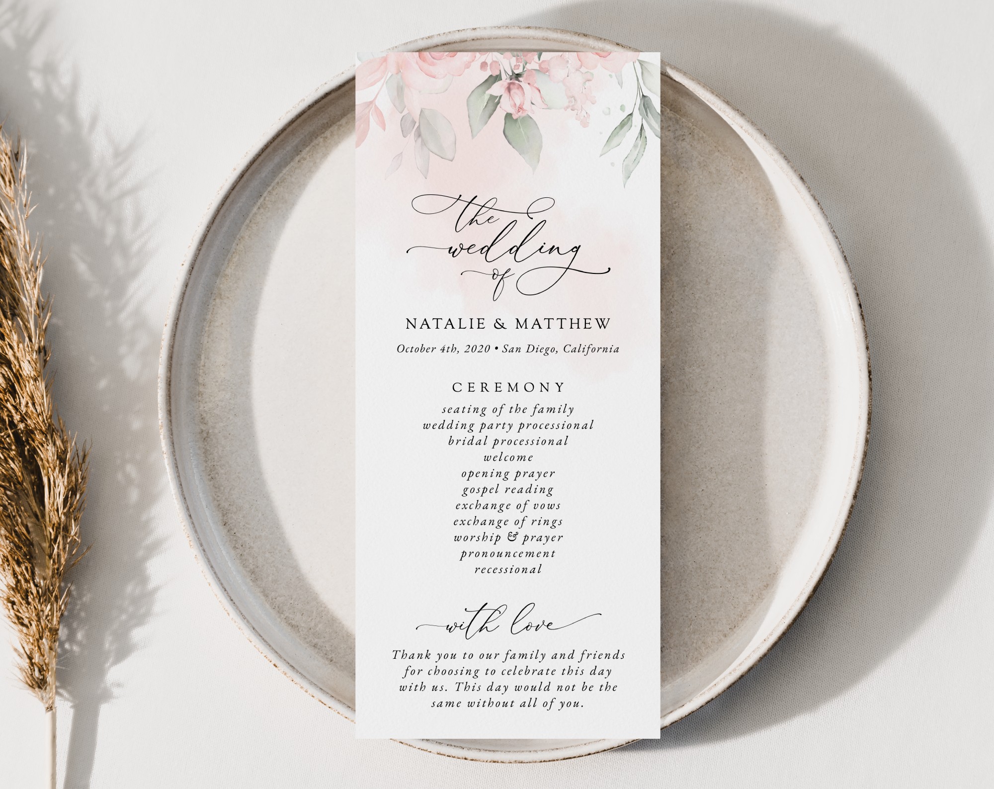 Blush Pink Flowers Wedding Program - Wedding Stationery