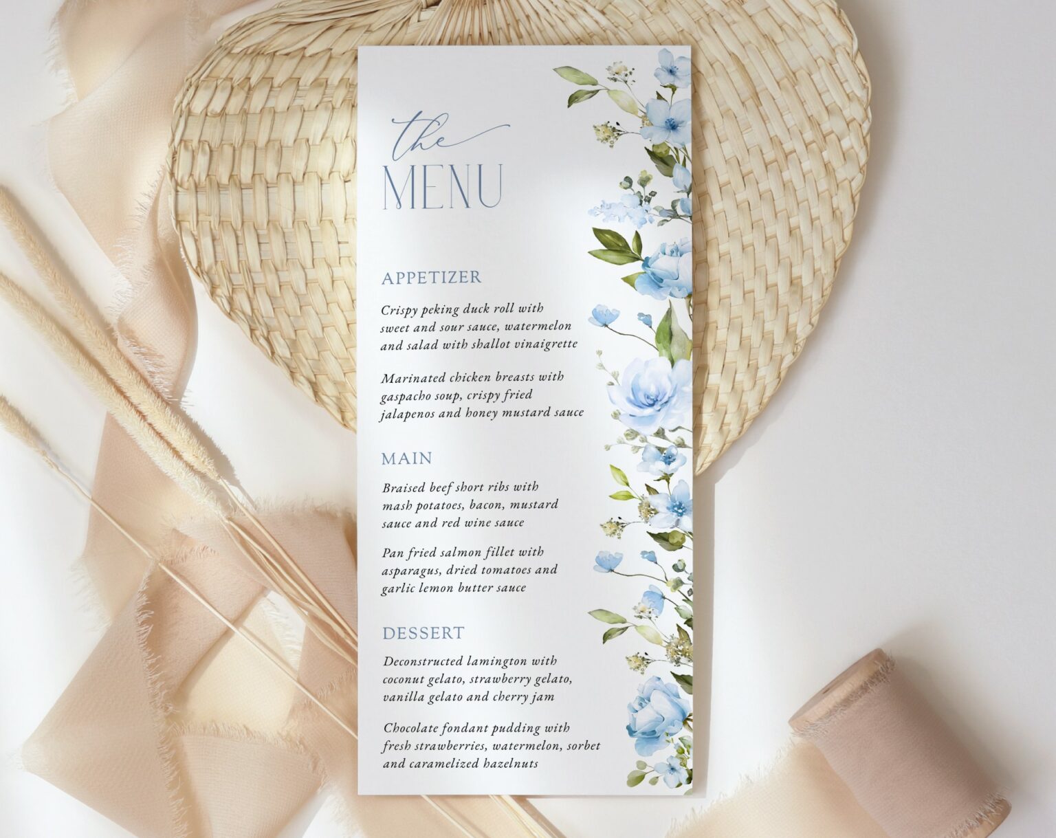 Blue Flowers Menu - Bridal Shower Stationery
